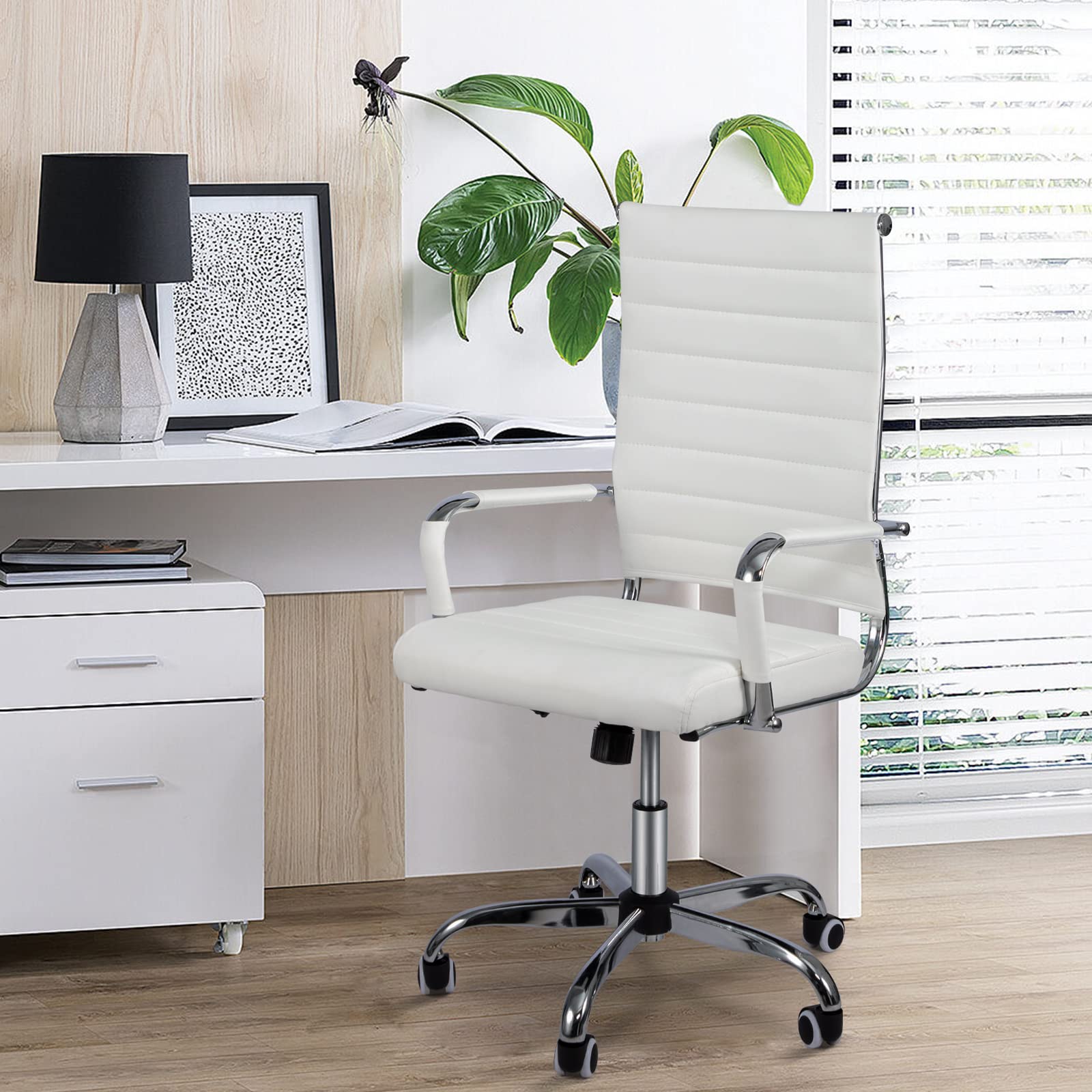 LUCKWIND Office Executive Desk Chair Ribbed - Ergonomic Modern PU Leather Conference Task Chairs Height Adjustable Tilt Rokcer Reception Swivel Arm Chair Rolling Mute (White)