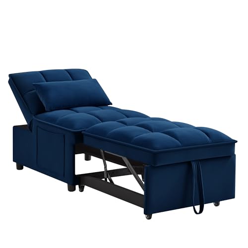 YOPTO Multi-Function Convertible Single Sleeper Sofa Bed with Storage Pockets,Velvet Tufted Pull-Out Couch Bed 4in1 W/Adjustable Backrest & Pillows,Chaise Lounge for Living Room,Small Space,Navy