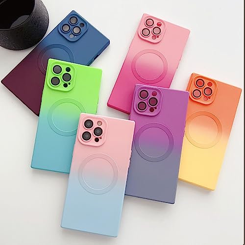 Yepda for iPhone 14 Pro Max Square Case, Compatible with MagSafe, Full Camera Lens Protector Multicolor Case Luxury for Women Girls Soft Slim Fit Shockproof Protective Magnetic Cover - Green Blue