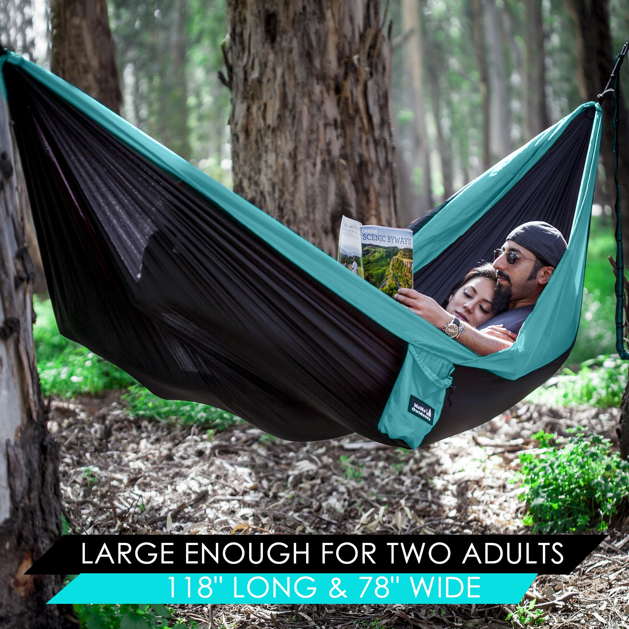 Lightweight Double Camping Hammock - Adjustable Tree Straps & Ultralight Carabiners Included - Two Person Best Portable Parachute Nylon Hammocks for Hiking, Backpacking, Travel & Backyard - Easy Setup