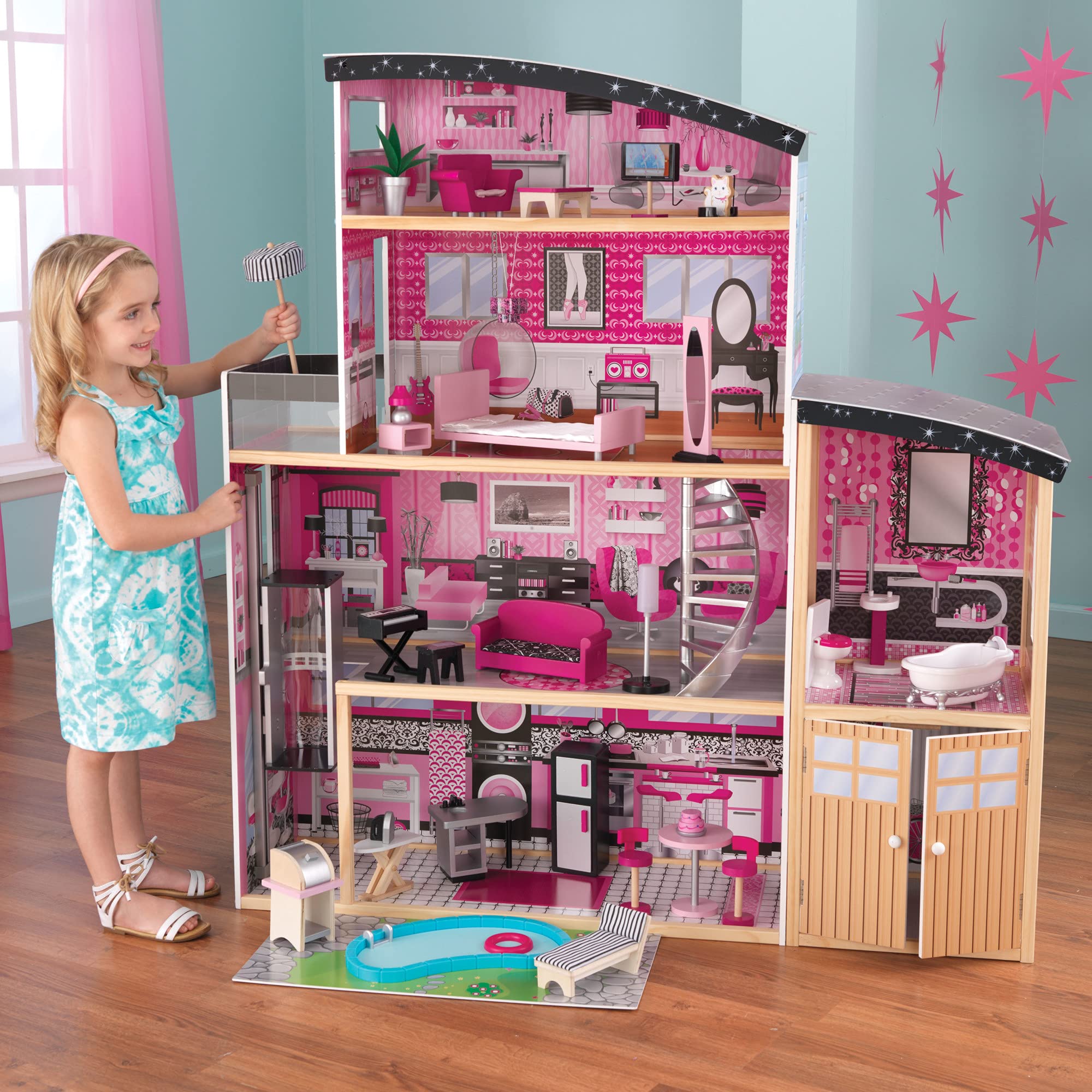 KidKraft Sparkle Mansion Wooden Dollhouse with Lights & Sounds, Swimming Pool, Balcony, Elevator and 30 Accessories, Pink, Gift for Ages 3+, Amazon Exclusive