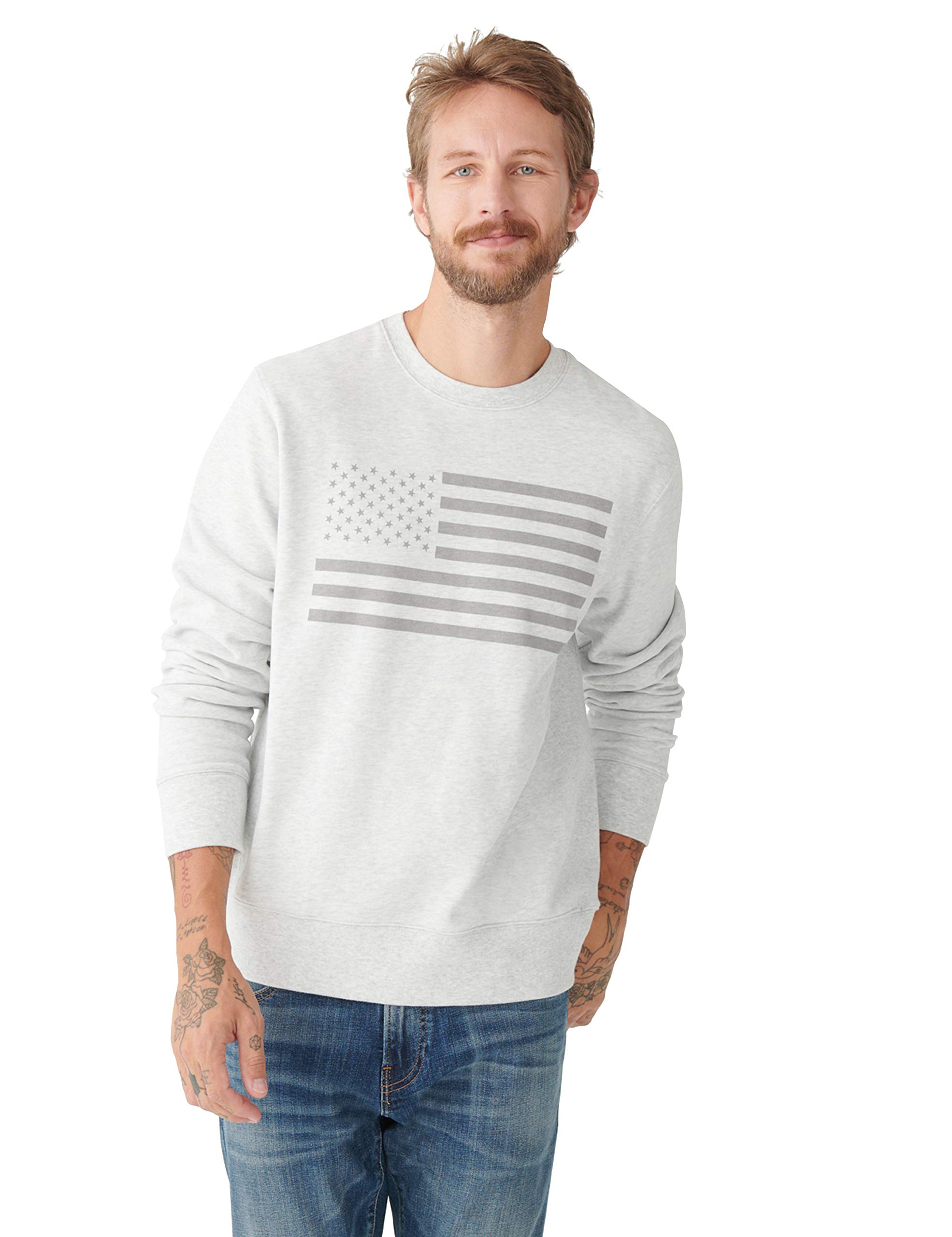 Lucky Brand Men's Long Sleeve Crew Neck USA Flag Sweatshirt, Heather Grey, L