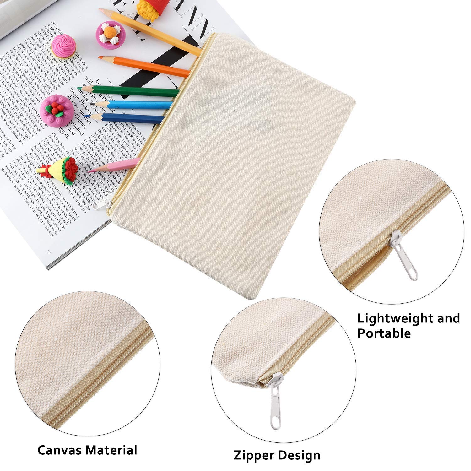 meekoo 16 Pack Multi-Purpose Cosmetics Bag with Zipper Canvas Makeup Pouches Travel Toiletry Bag Pen Pencil Bag Blank DIY Craft Bag (M, Beige)
