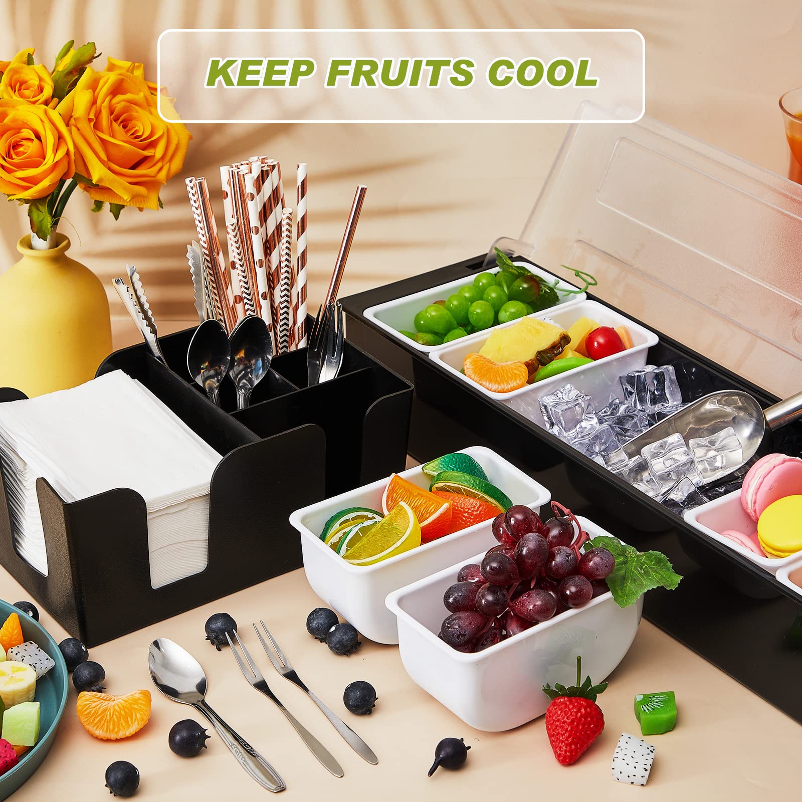 Nuanchu Ice Cooled Condiment Serving Container Bar Caddy Stainless Steel Scoop for Ice 3 Pcs Serving Tongs 3 Pcs Appetizer Forks 3 Pcs Spoons 24 Pcs Bottle Pourers Tapered Spout (6 Compartments)