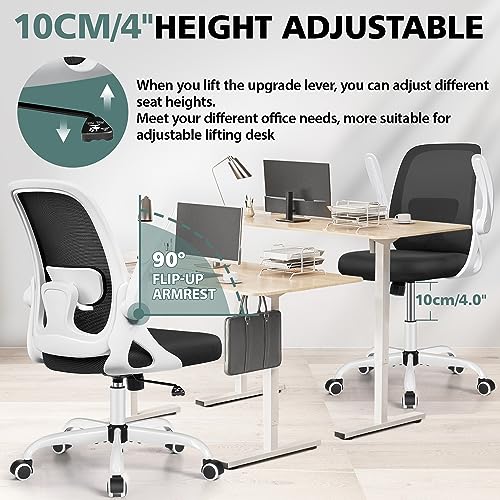 Winrise Office Chair Ergonomic Desk Chairs with Lumbar Support and Flip-up Arms, Comfortable Breathable Mesh Computer Executive Chair with Swivel Task, Adjustable Height 4'', Home, Bedroom - White