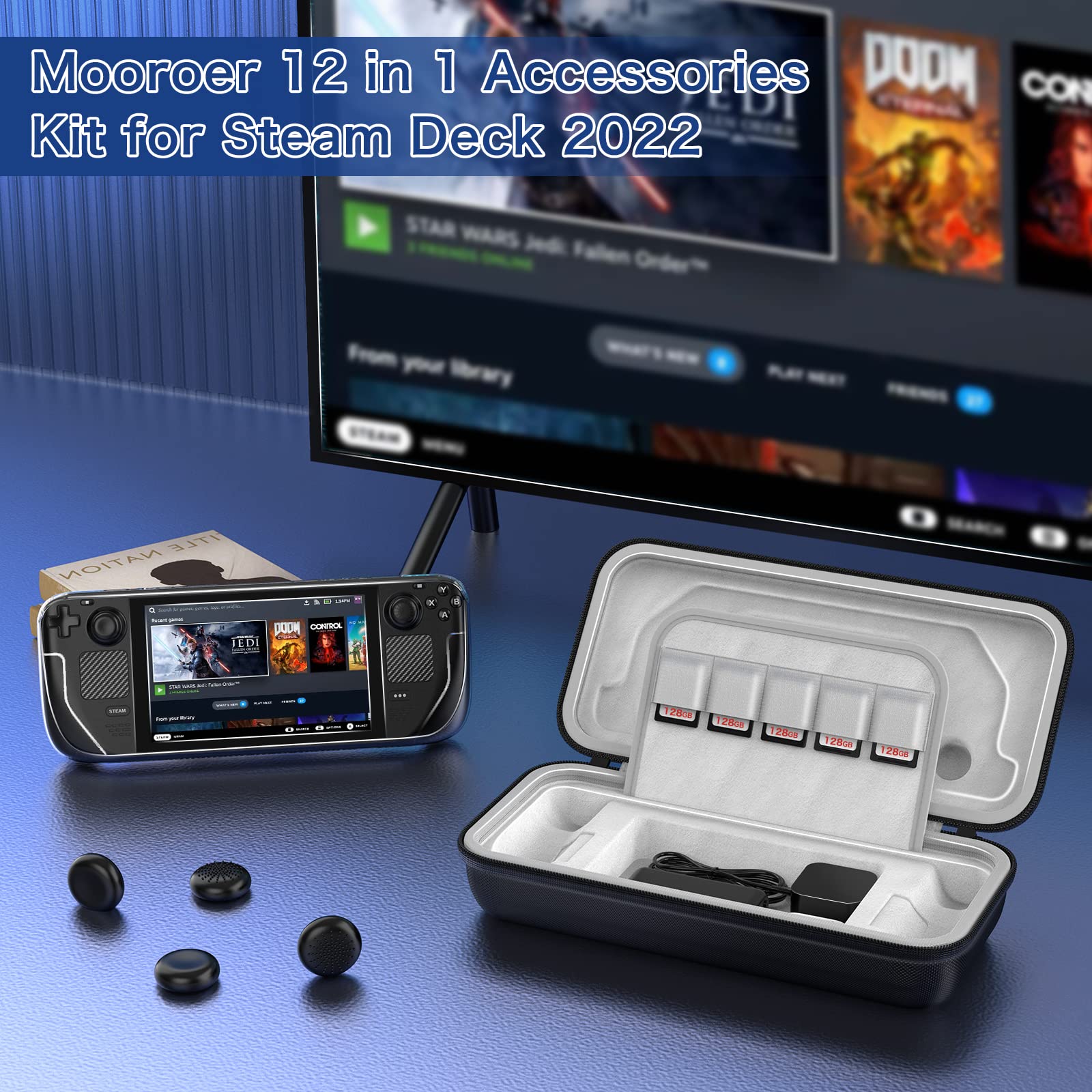 Steam Deck Case, Mooroer Steam Deck Accessories Bundle, 12 in 1 Steam Deck Carrying Case Built-in AC Adapter Charger Storage, Protective Travel Case for Steam Deck Console & Accessories