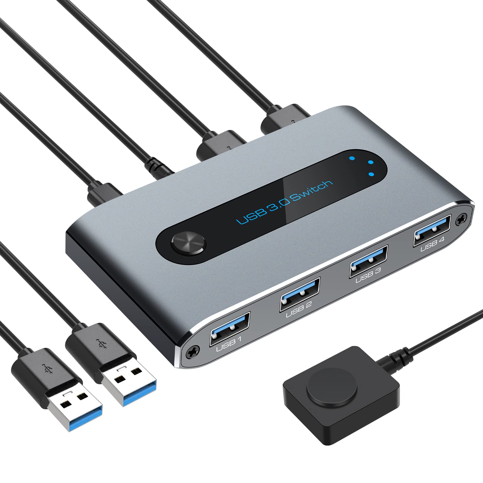 USB 3.0 Switch Selector 4 Port KVM Switches 2 Computers Sharing 4 USB Devices Peripheral Switcher Box Hub for Mouse Keyboard Scanner Printer with Wire-Desktop Controller and 2 Pack USB 3.0 Cable