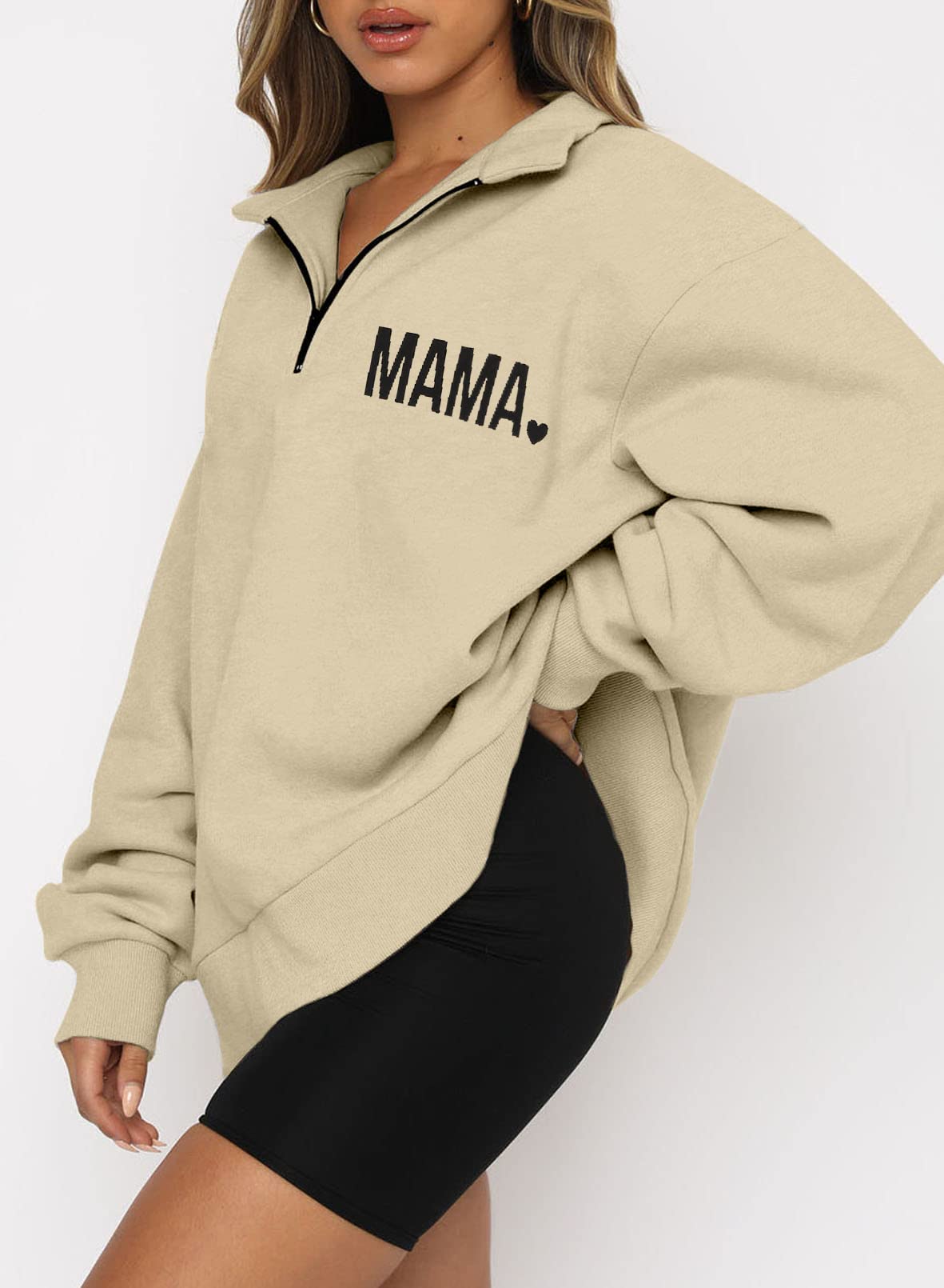 MOUSYA Oversized Mama Sweatshirt Women Half Zip Long Sleeve Shirt Casual Crewneck Loose Pullover Tops Apricot