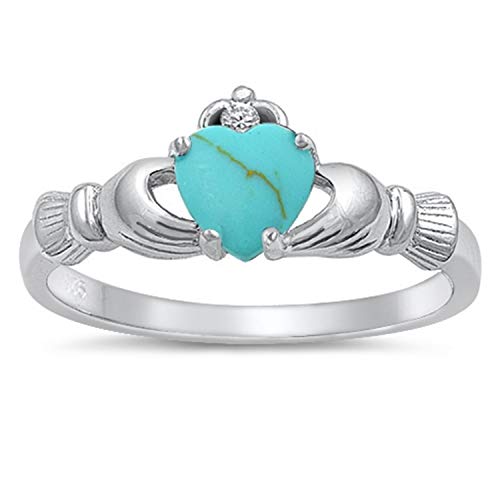 PERFECTJEWELZ Celtic Claddagh Simulated Turquoise Promise Ring 925 Sterling Silver 9mm Size 9