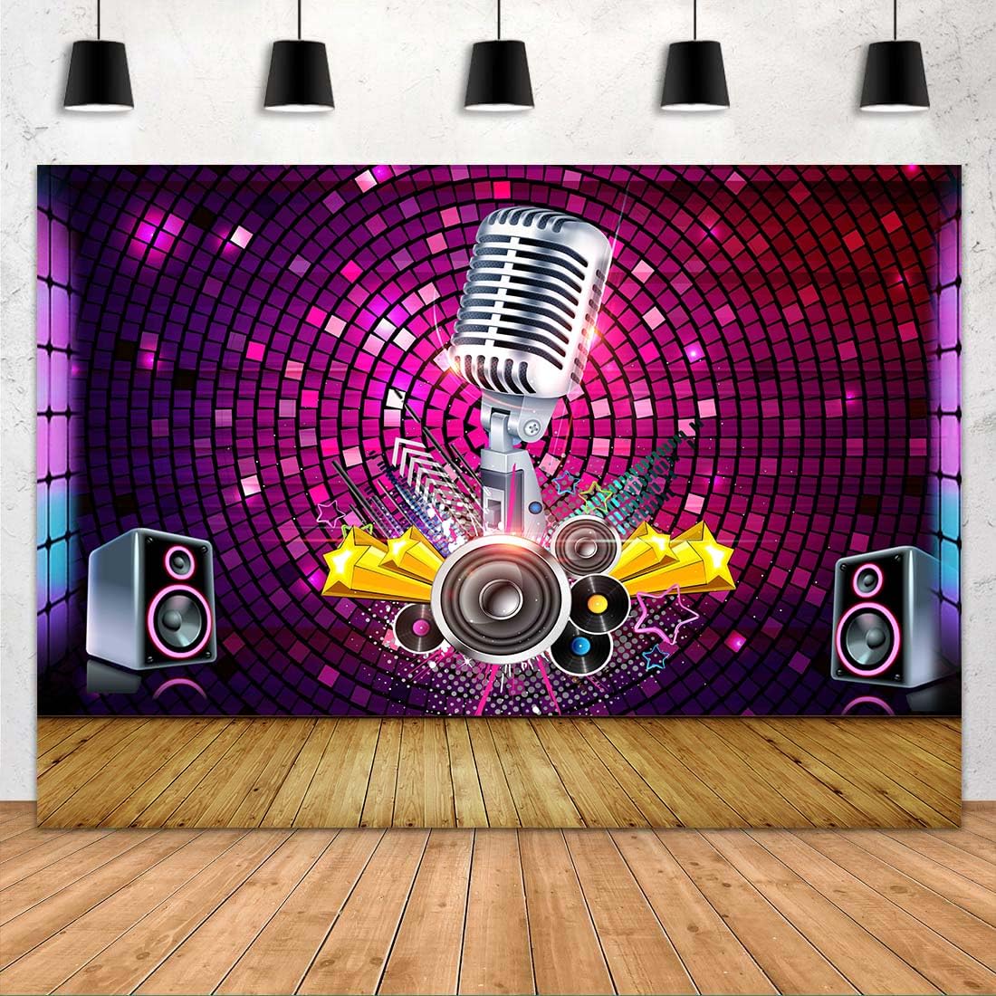 MEETSIOY 10x7ft Karaoke Photography Backdrop Wood Floor Microphone Sound Background Themed Party Photo Booth Backdrop BJMYMT112