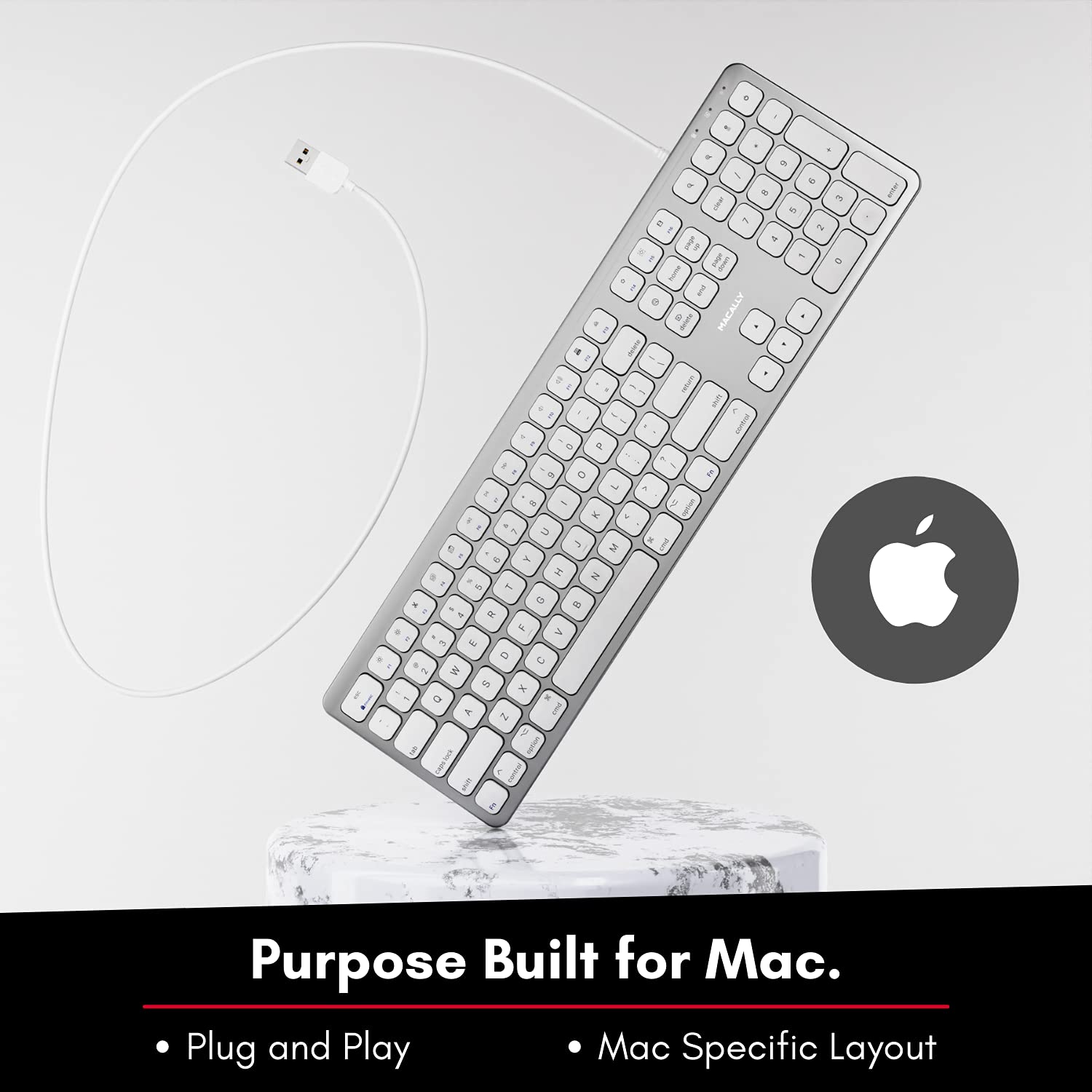 Macally Wired Keyboard for Mac - Compatible Apple Keyboard with USB Ports for Mouse - Full-Size Mac Keyboard with Number Pad - Plug & Play Keyboard for MacBook Pro/Air, iMac - Aluminum Frame