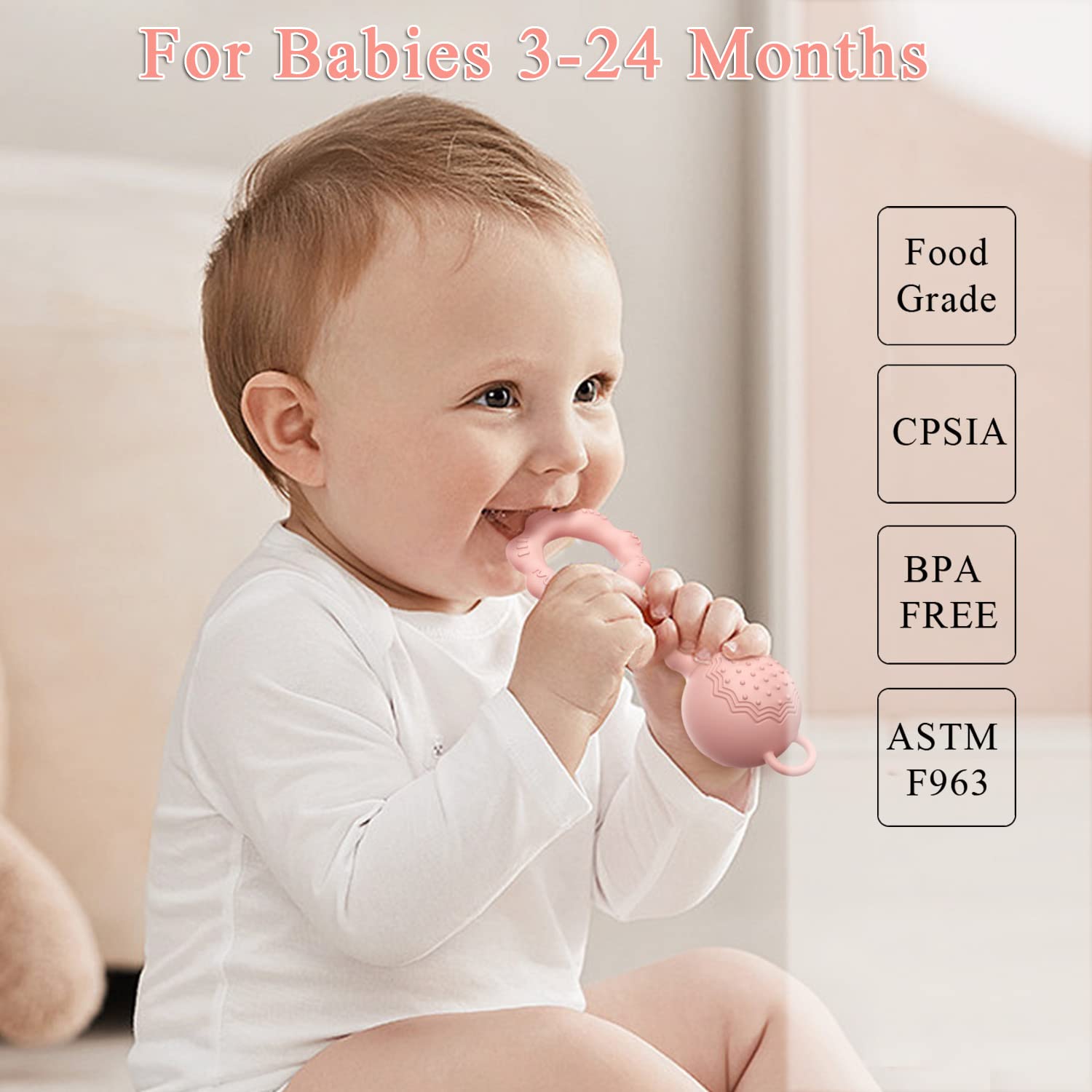 Silicone Baby Teether Rattle Toy, WHOZU Baby Teething Shaker Toy for Infants Girls and Boys 3+ Months, Soft and Flexible, Pink