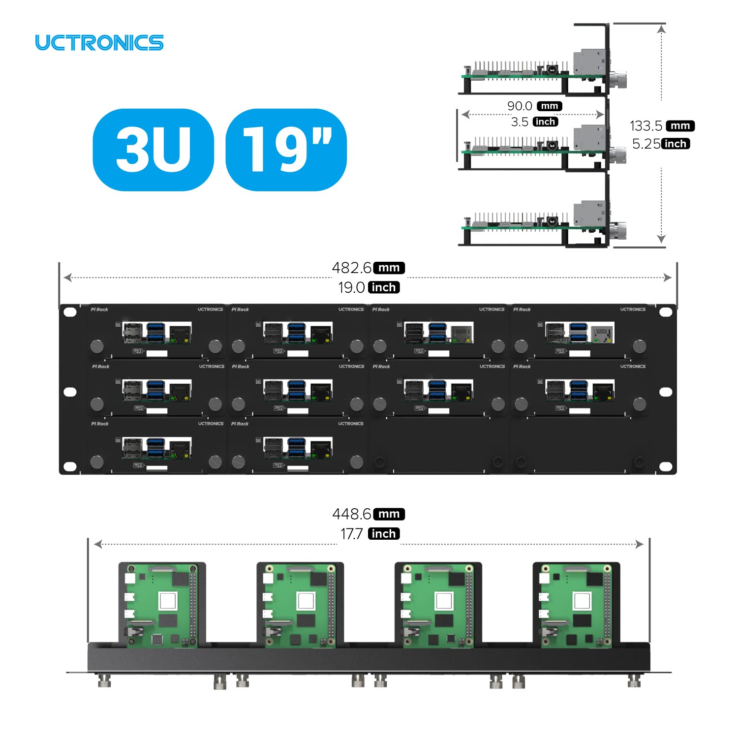 UCTRONICS 19" 3U Rack Mount for Raspberry Pi, 3-Tier Metal Rack for Up to 12 Units, Supports PoE Hat & PoE+ Hat, Front-Removable with Captive Loose-Off Screws