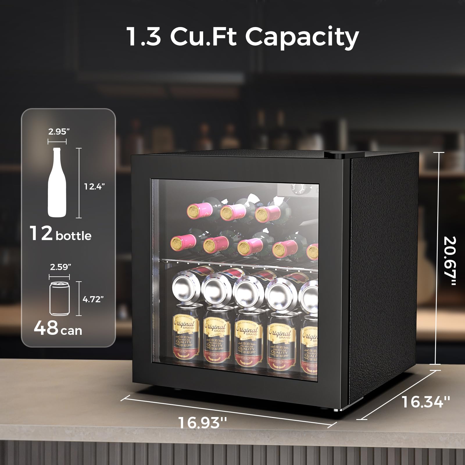 Kndko 1.3 Cu.Ft 12 Bottle 48 Can Beverage Refrigerator, Small Fridge with Tinted Double Pane Glass Door for Wine Beer Soda, Drink Cooler for Home Office Bar with Stainless Shelving