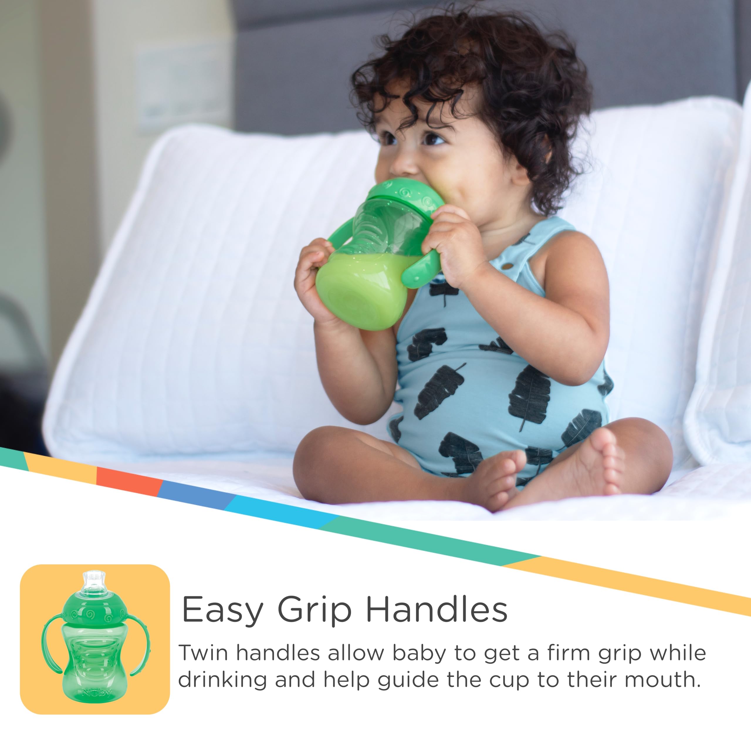 Nuby 3 Pack Two Handle No Spill Toddler Sippy Cups - Toddler Cups Spill Proof with Easy and Firm Grip - BPA Free Toddlers Cups - Aqua, Blue, Green