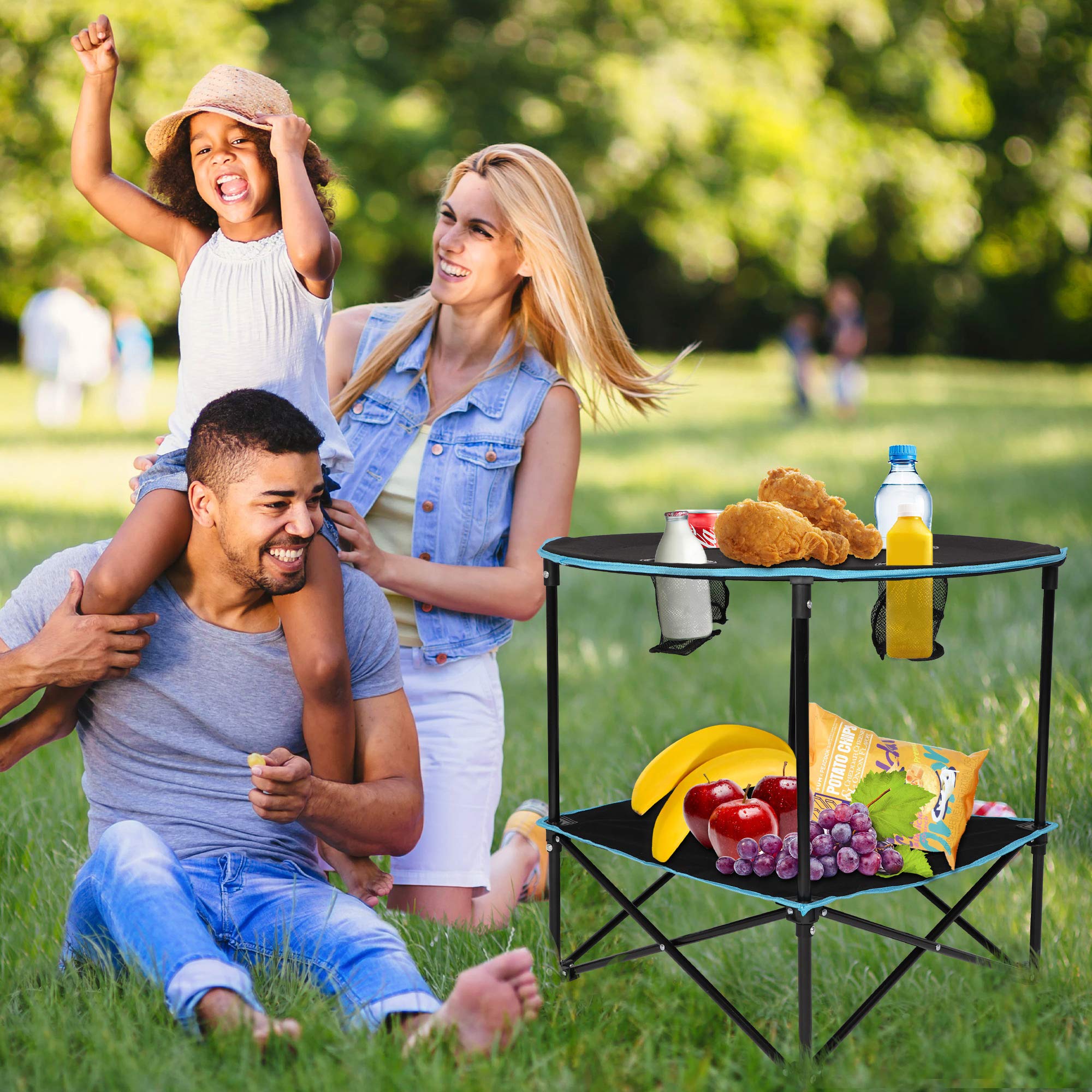 LUCKYERMORE Portable Camping Table, Folding Picnic Tables with 4 Cup Holders and Storage Rack, Carry Bag Included, Lightweight Tailgate Beach Table for Outside BBQ Picnic Beach, Black & Blue