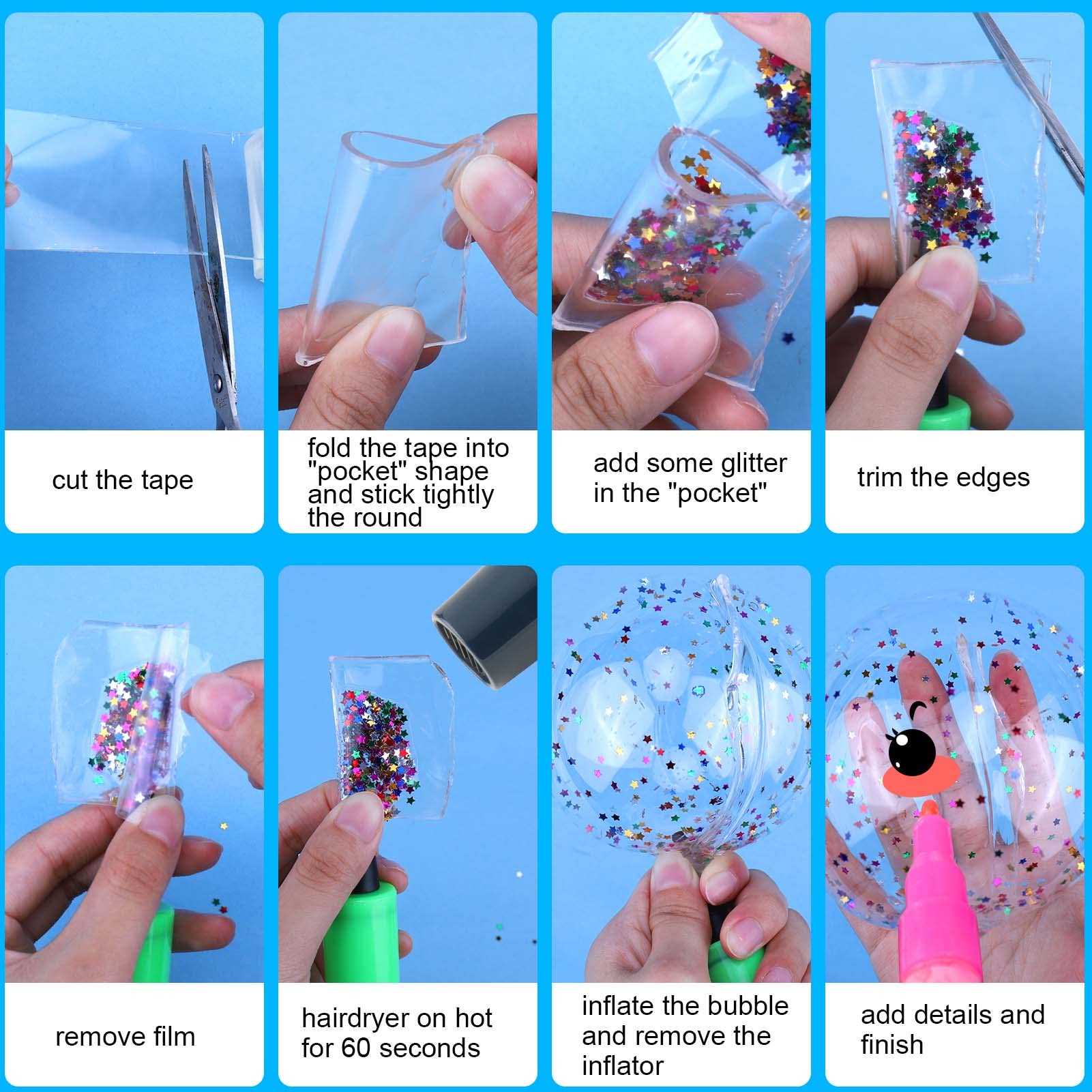 Mity rain Nano Bubble Tape Kit, Super Elastic Bubble Balloons with 5pcs Straw, 10 Pack Glitter and Inflator, Double Sided Tape Plastic, DIY Party Favors