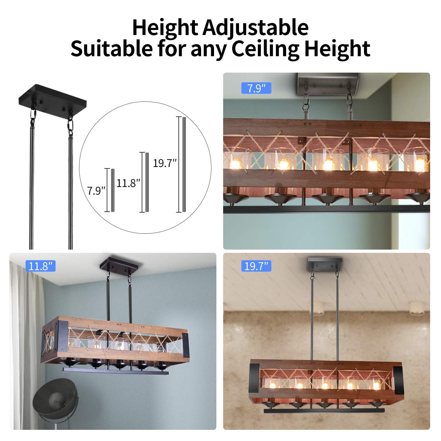 LEDMO 40" 5-Light Kitchen Island Lighting, Rustic Island Pendant Light Fixture, Wood E26 60W UL Listed(LED Bulbs Include)