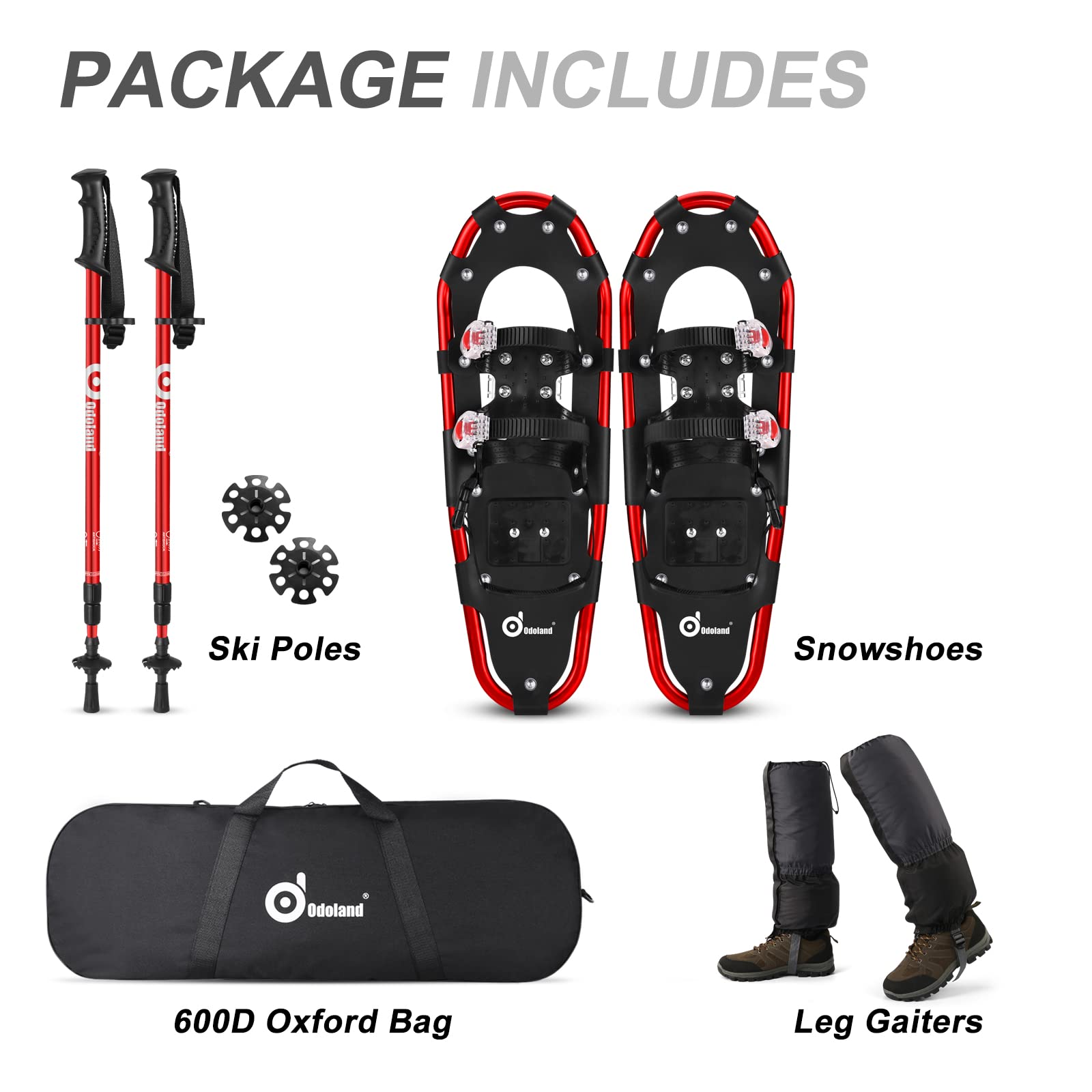 Odoland Bundle - 2 Items 4-in-1 Snowshoes with Trekking Poles, Red, S and Snowboard Helmet
