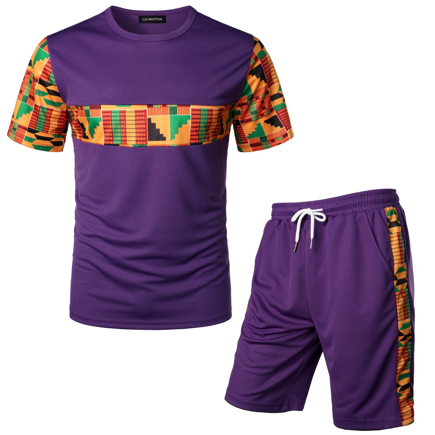 LucMatton Men's African Pattern Printed T-Shirt and Shorts Set Sports Mesh Tracksuit Dashiki Outfits Purple Large