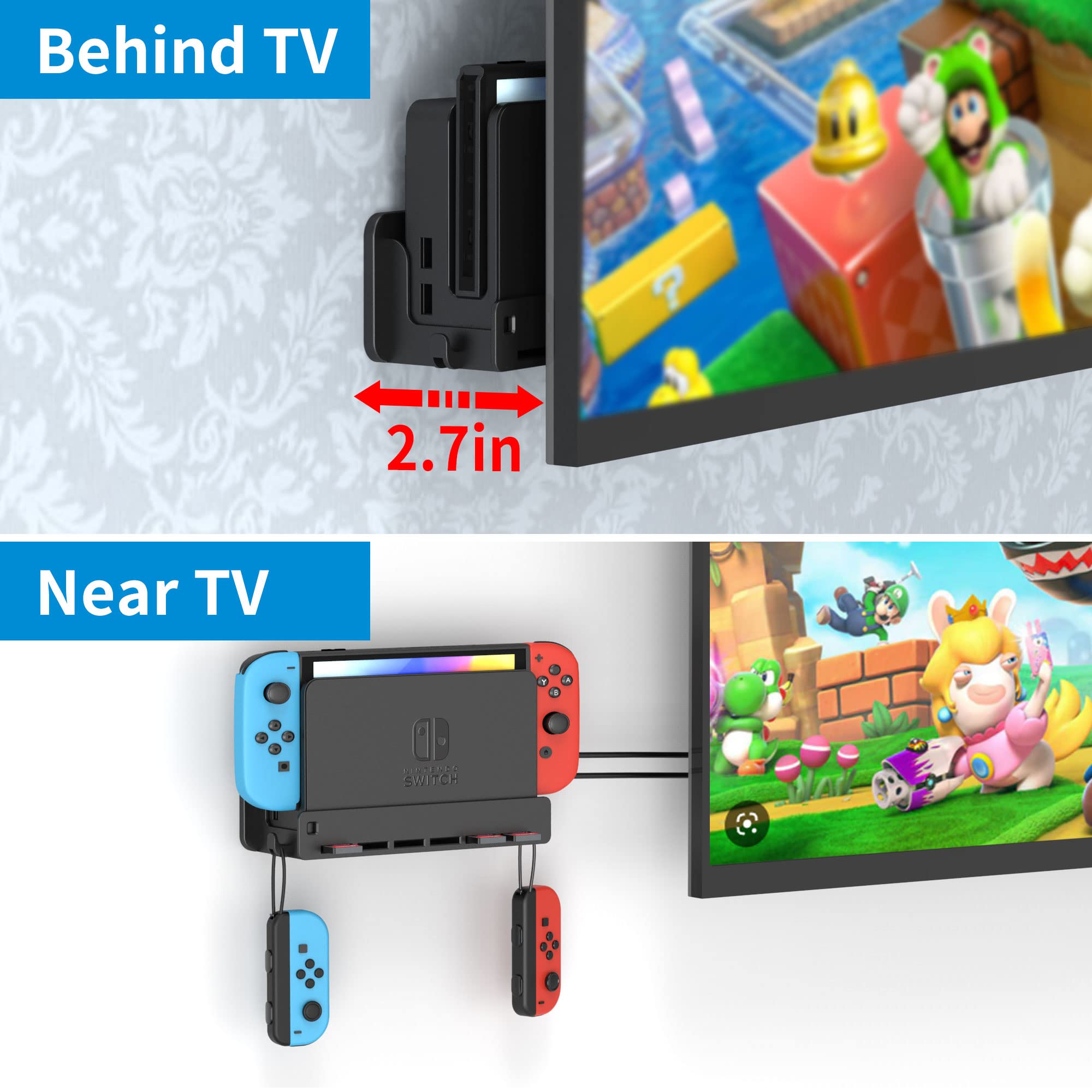 SOKUSIN Wall Mount for Nintendo Switch - Wall Mount Kit Shelf Stand Accessories for Nintendo Switch and Switch OLED to Safely Store Your Switch Console, Dock, Games,Controller Near/Behind TV(Black)