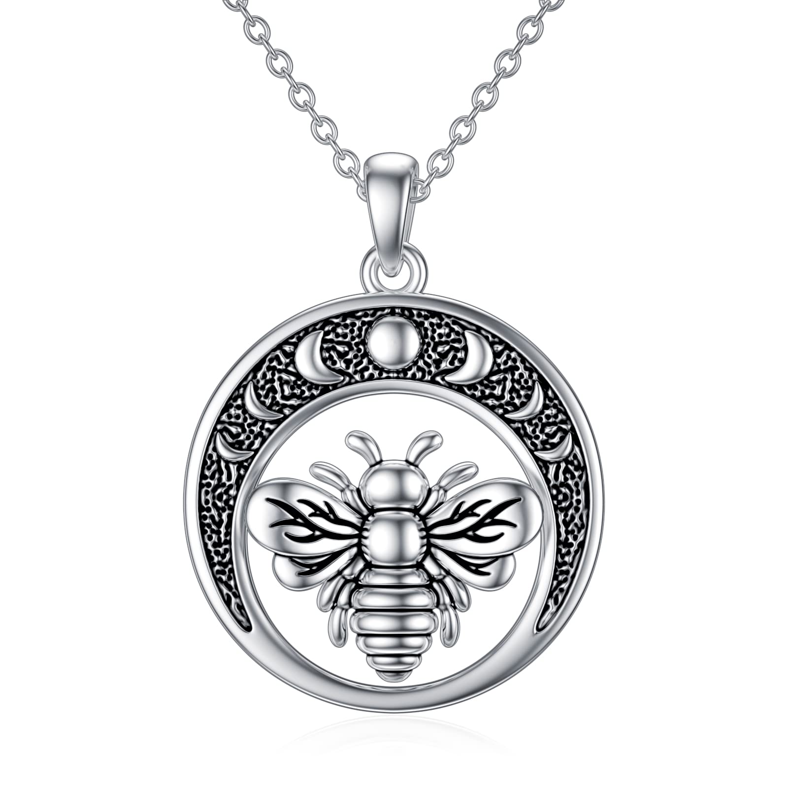 PLATYCO Bee Necklace 925 Sterling Silver Moon Phase Bee Pendant Necklace Bee Jewelry Gift for Women