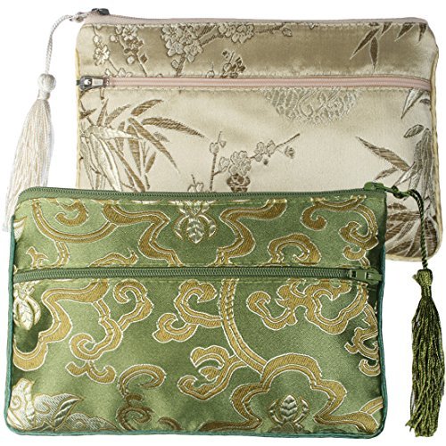 kilofly 2 pc Chinese Silk Brocade 2 Zipper Pocket Tassel Jewelry Bag Gift Pouch