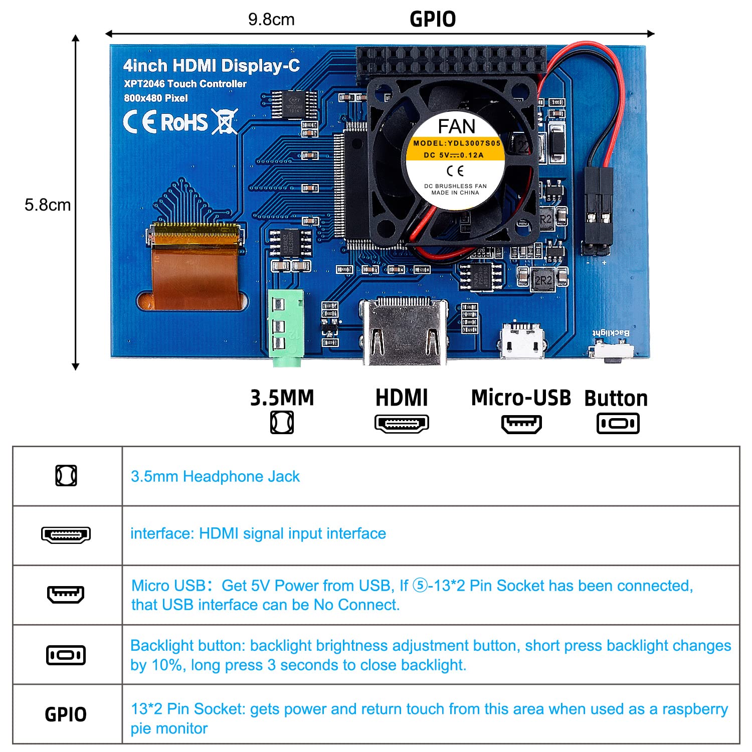 Miuzei Raspberry Pi 4 Touchscreen with Case Fan, 4 inch IPS Touch Screen LCD Display, 800x480 HDMI Monitor for RPI 4b 8gb/4gb/2gb with Touch Pen (Support Raspbian/Kali/Octopi/Ubuntu)- No Raspberry Pi