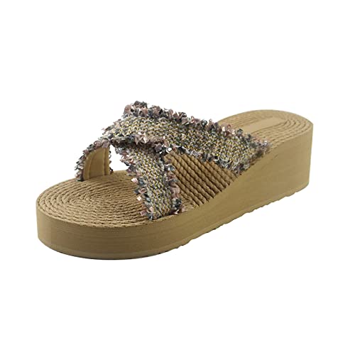 sckarle Womens Wedge Platform Sandals Summer Slip On Sandal Crisscross Strap Woven Casual Comfortable Beach Sandals