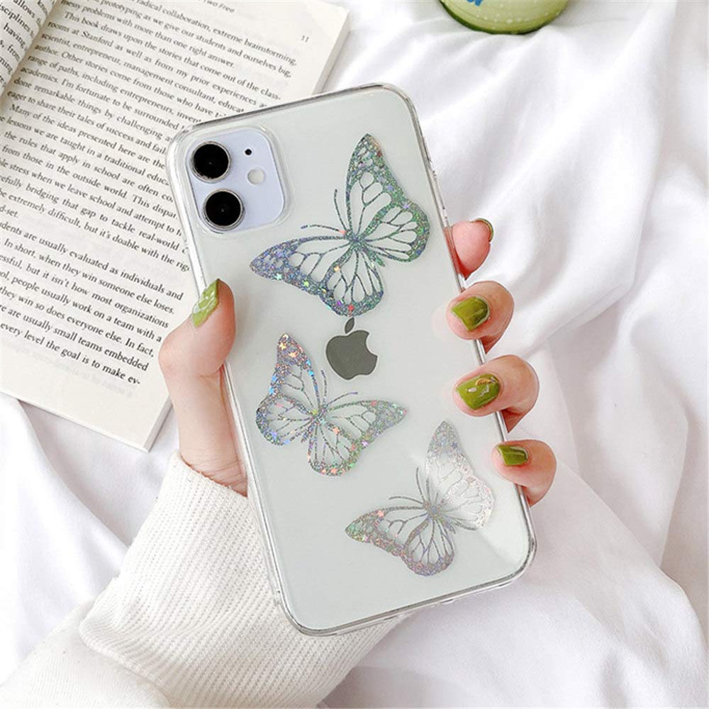 LUSAMYE iPhone 11 Case with Screen Protector, Clear Cute Butterfly Design Soft TPU Electroplated Cover Bling Glitter Cool Slim Trendy Pattern for Girl Women Apple iPhone 11 Phone Case - Butterfly