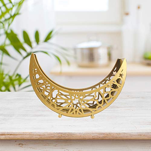 ULTNICE Ramadan Eid Plate Iron Serving Tray 3D Moon Shaped Islam Platter Candy Dish Snacks Dessert Holder Pastry Tray Dishes for Muslim Ramadan Mubarak Home Party Supplies Golden