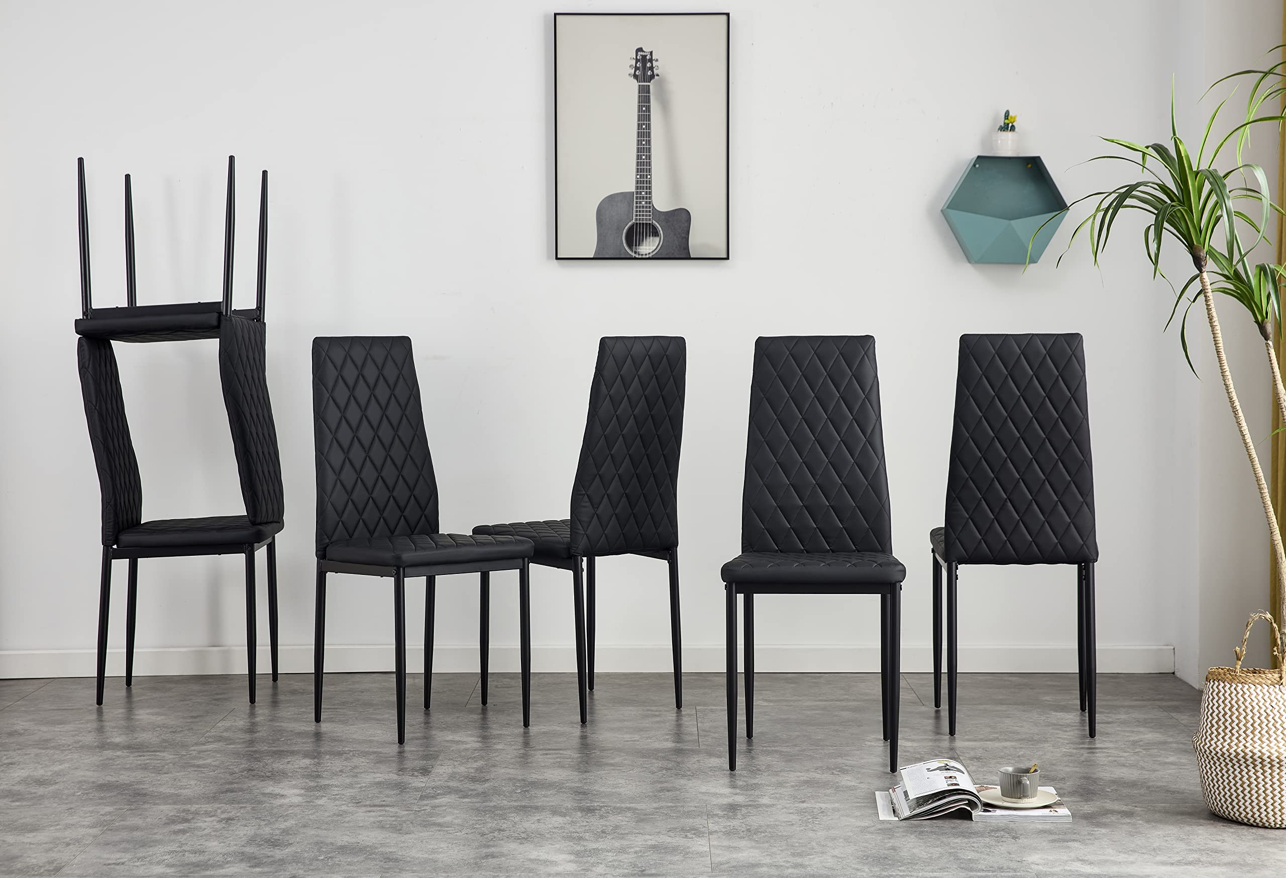 LIADTOP Set for 6, PU Leather Set of 6 Living, Modern Upholstered Side Chairs with Stable Metal Legs,for Dining Room, Kitchen, Restaurant,Black