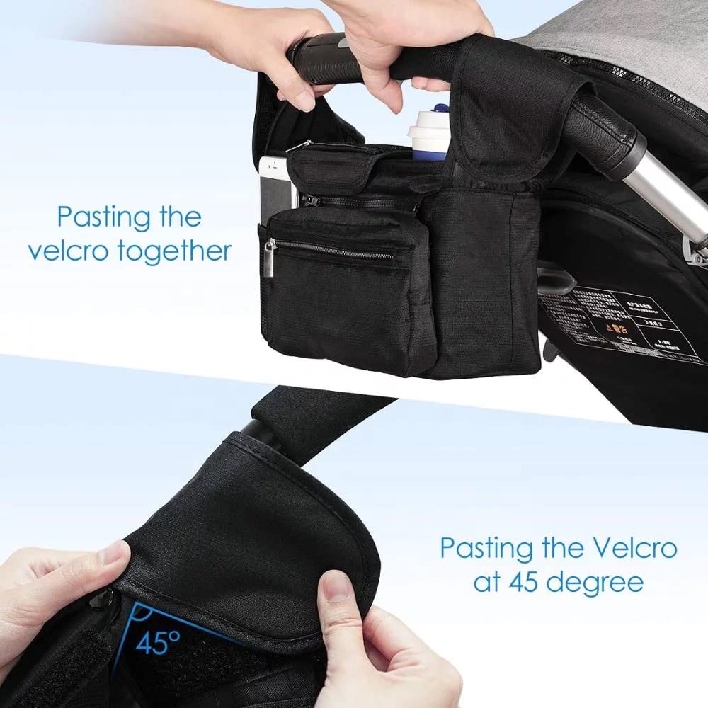 Universal Baby Stroller Organizer with Diaper Storage, Insulated Cup Holders, Secure Straps, Detachable Bag, Pockets for Toys, Phone and Keys for Parents. Non-Slip Design, Fit All Strollers.