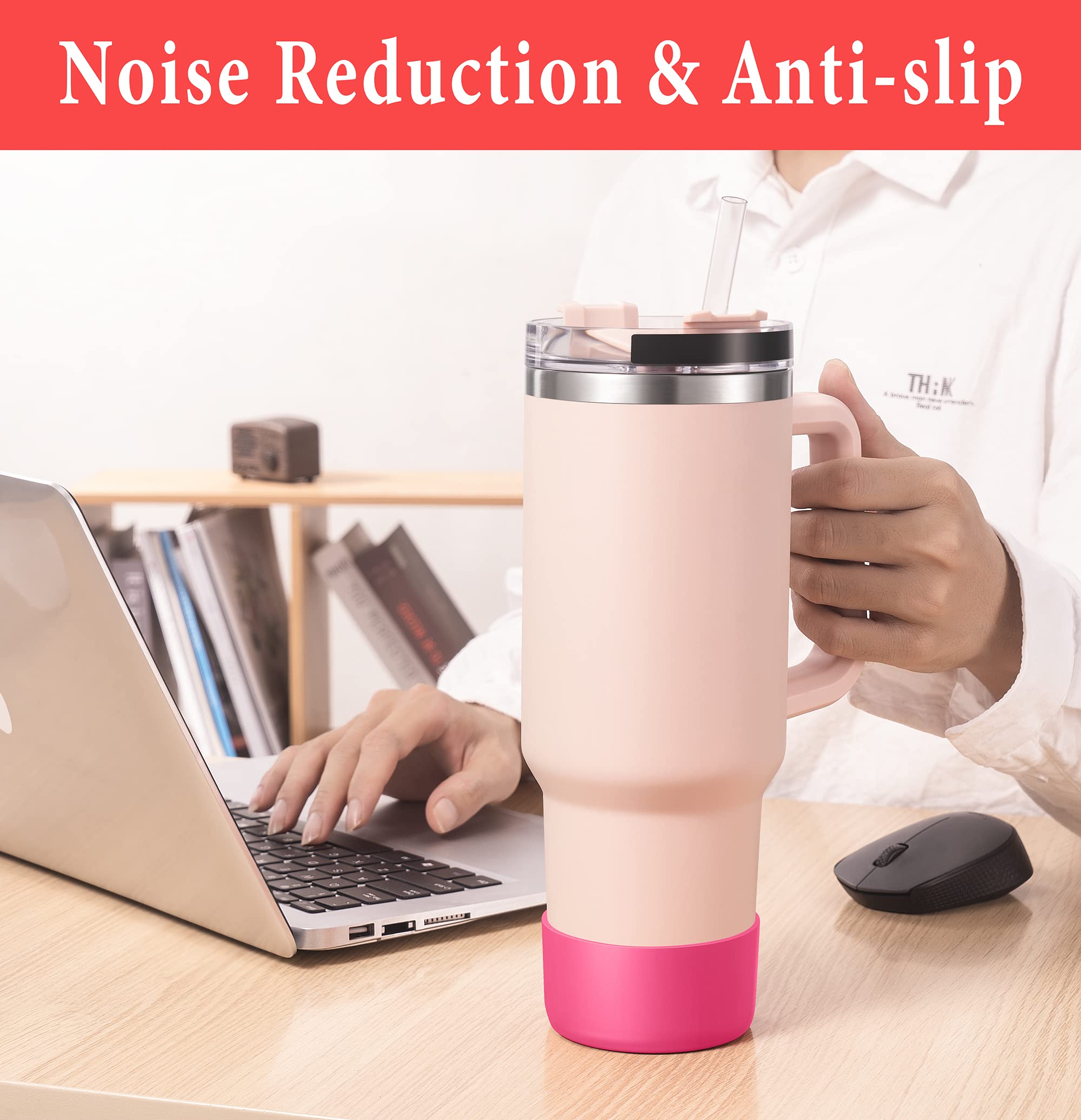 KTKUDY 2Pcs Protective Silicone Boot for Stanley Quencher Tumbler 30 oz 40 oz & IceFlow 20oz 30oz & Hydro Flask Water Bottle 12-24oz - Cup Bottom Sleeve - Stanley Cup Accessories, Rose red
