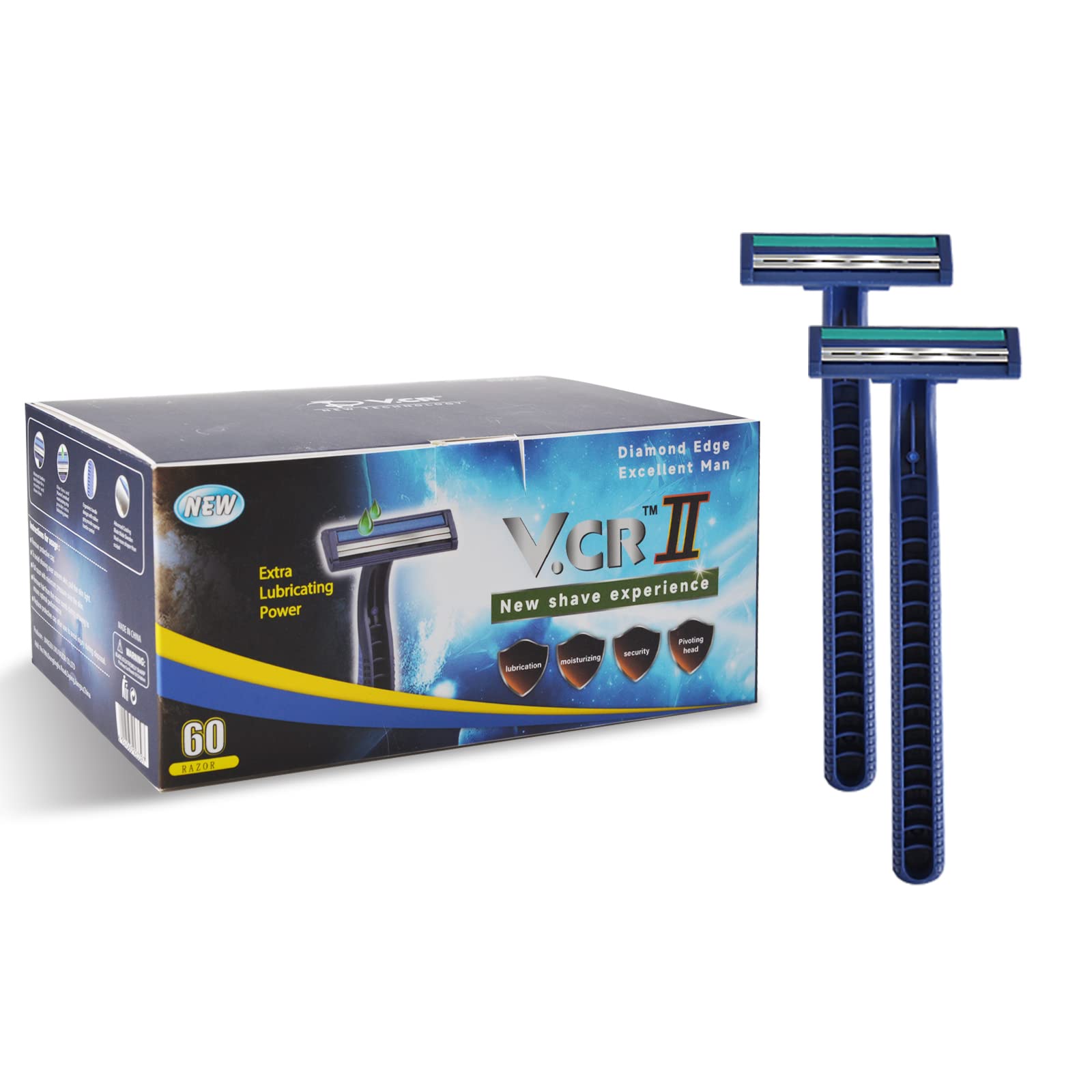 V.CR Brand Disposable Razors, Shaving Razors,Twin blades with Lubricant Strip, Stainless Steel Blade, Blue, 60Count Total