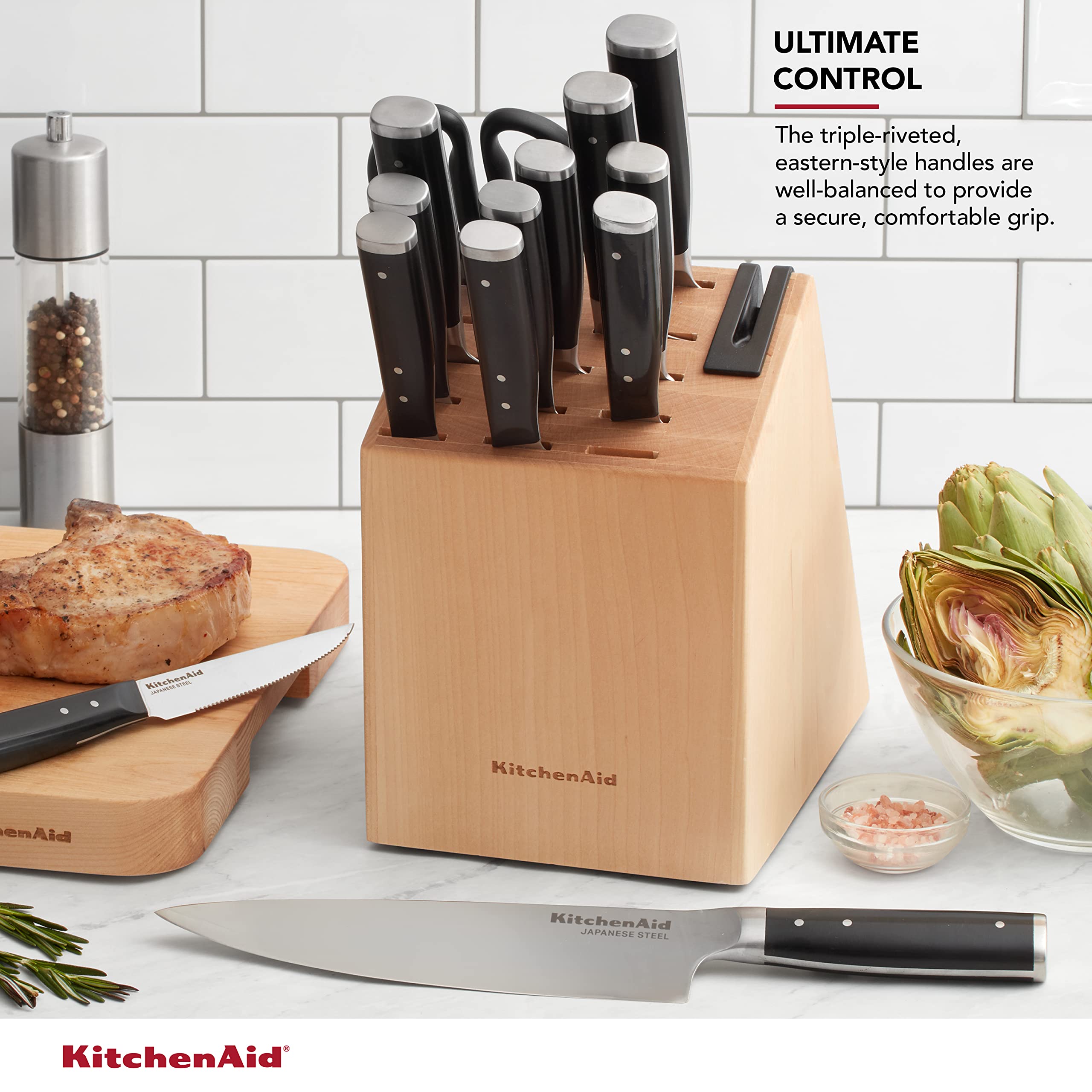 KitchenAid Gourmet 14-Piece Forged Triple Rivet Block Set with Built-in Knife Sharpener, Natural & Universal Tool and Gadget Set, 16 Piece, Black
