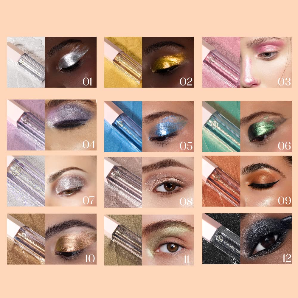 YOUNG VISION Liquid Glitter Eyeshadow, White Metallic & Shimmer & Glow Shades,Quick-Drying, Waterproof, Non-sticky,0.17 Fl Oz