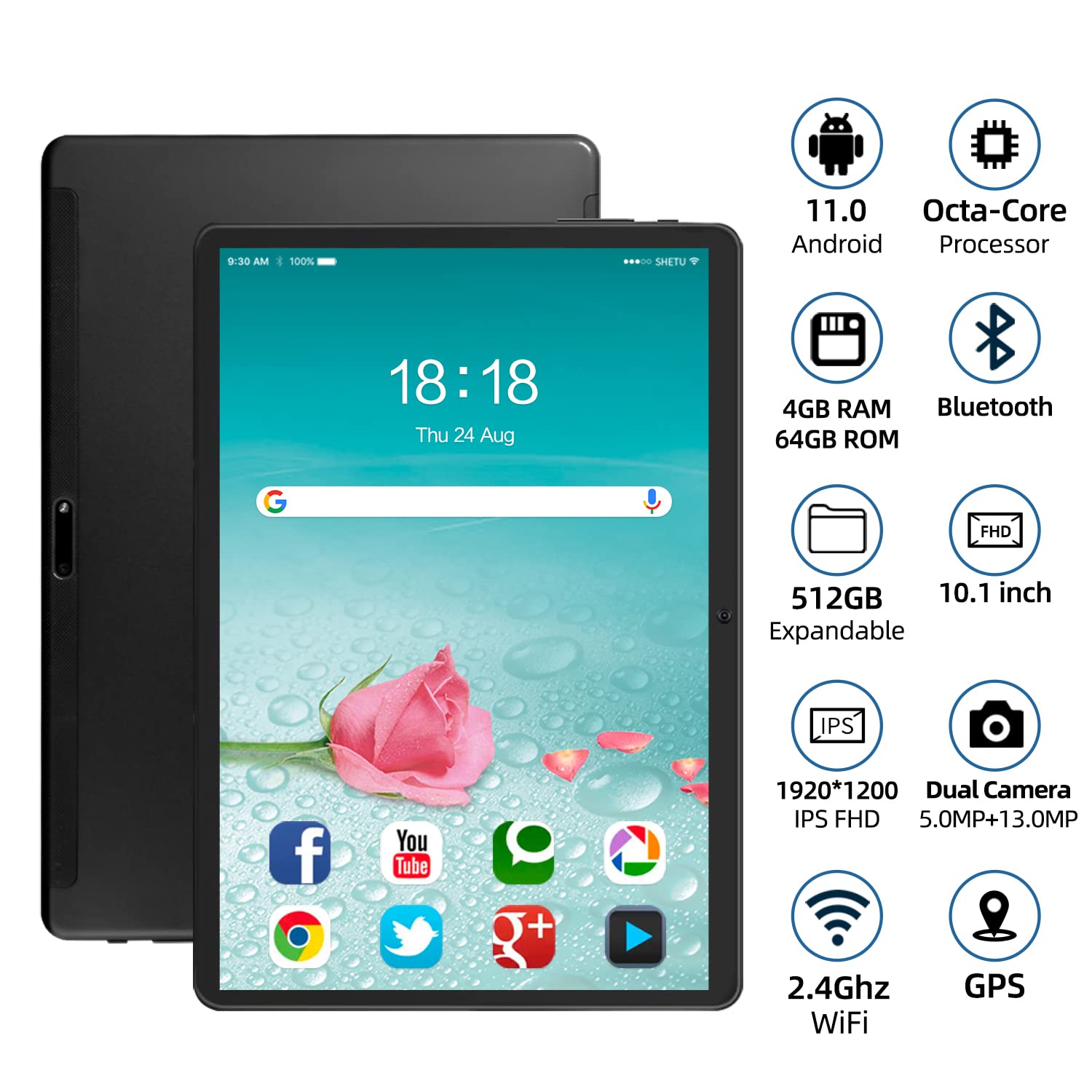 Tablet 10.1 inch Android 11 Tablet Latest Update Octa-Core Processor with 64GB ROM+4GB RAM Storage, Dual 13MP+5MP Camera, WiFi, Bluetooth, GPS, 512GB Expand Support, IPS Full HD Display WiFi Tablet
