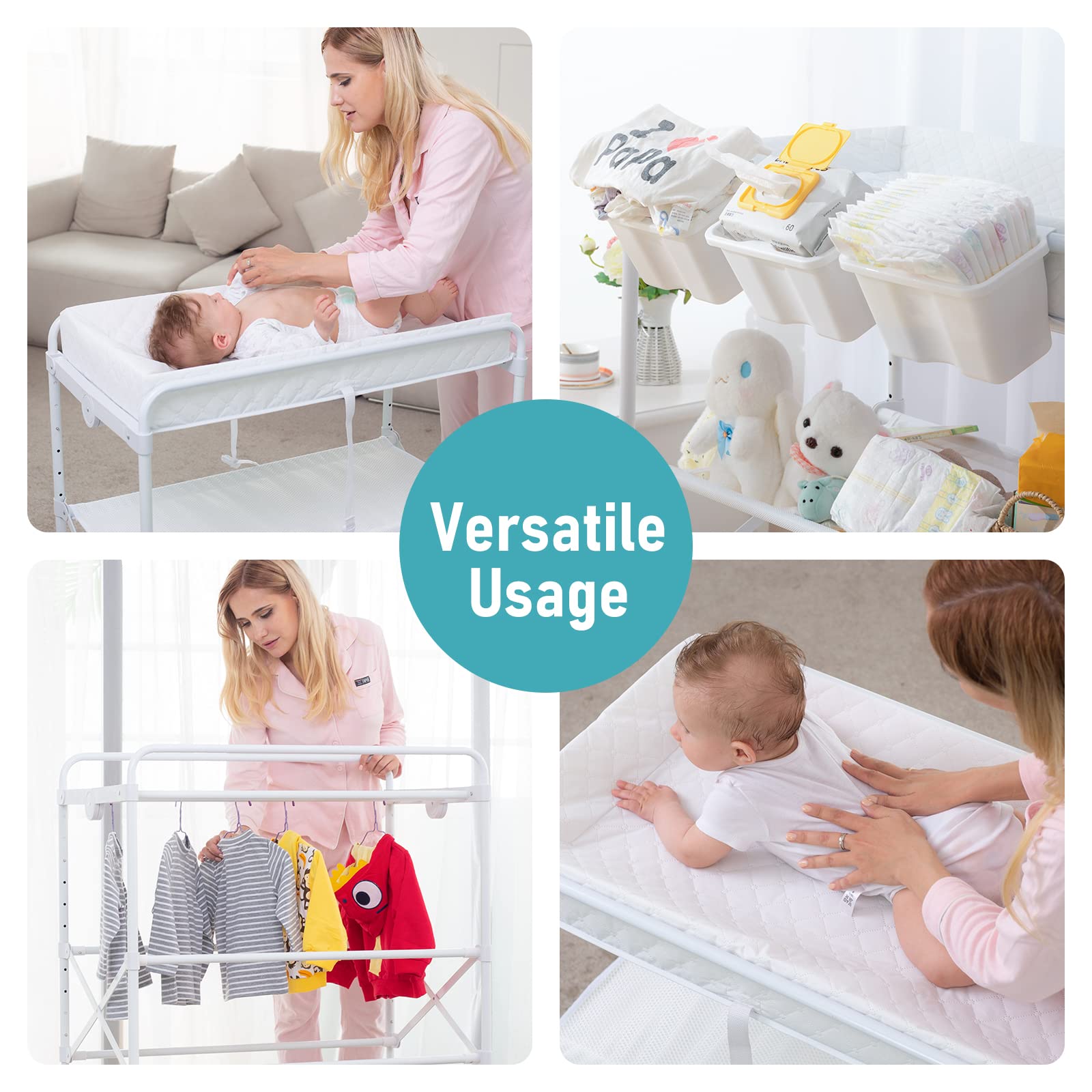 White Portable Changing Table, Baby Changing Station Foldable Baby Changing Table Dresser with Storage, Adjustable Height Waterproof Folding Mobile Diaper Station Pad with Wheels for Infant Nursery