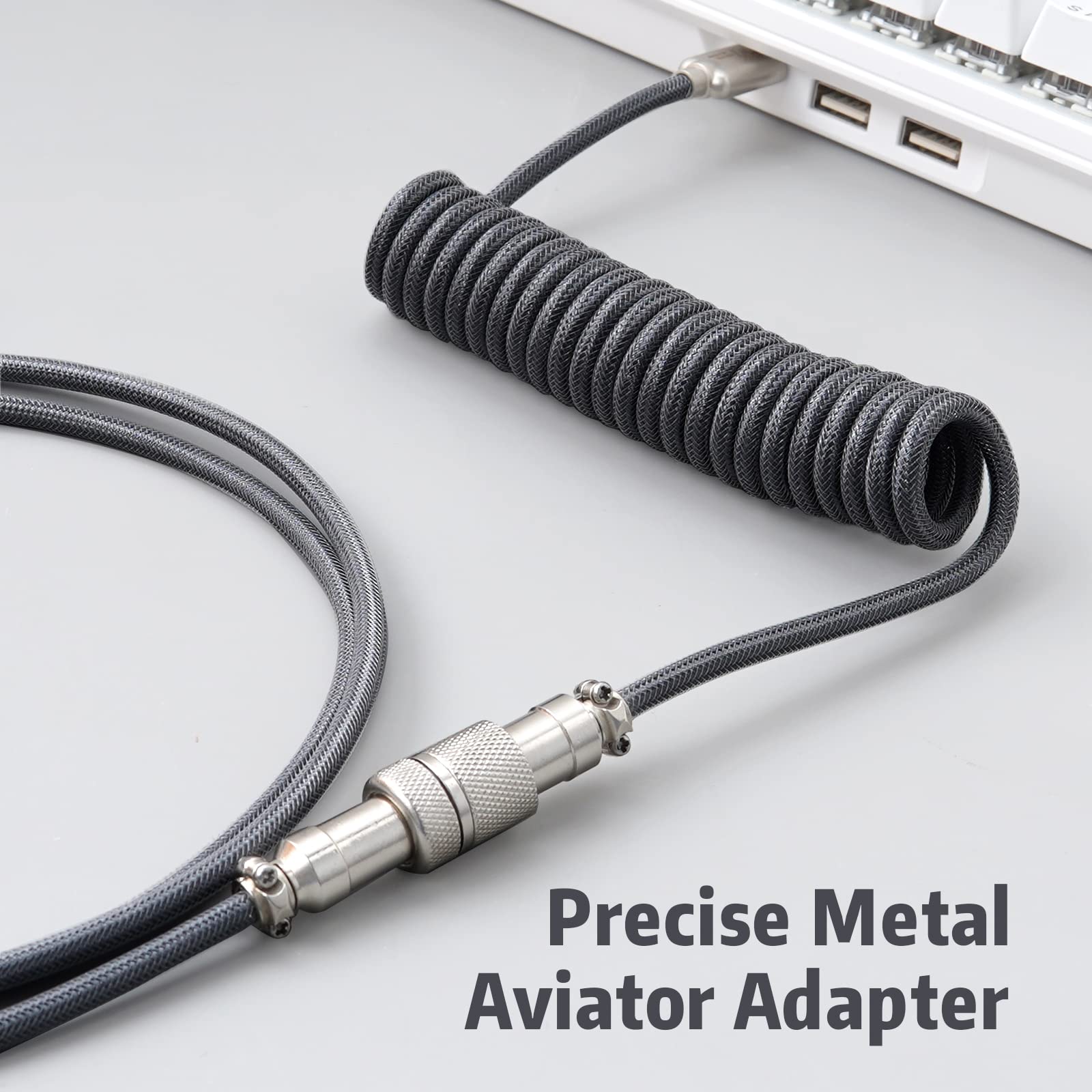 RK ROYAL KLUDGE Coiled Keyboard Cable, USB C Custom Cord for Mechanical Gaming Keyboard, Double-Sleeved Wire with Metal Aviator Connector, 5ft-Black
