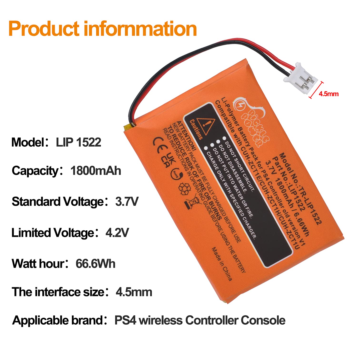 LIP1522 PS4 Controller Battery,Pickle Power 2 Pack 1800mAh Playstation 4 Controller Battery for Sony PS4 DualShock CUH-ZCT1 Series with Big Plug