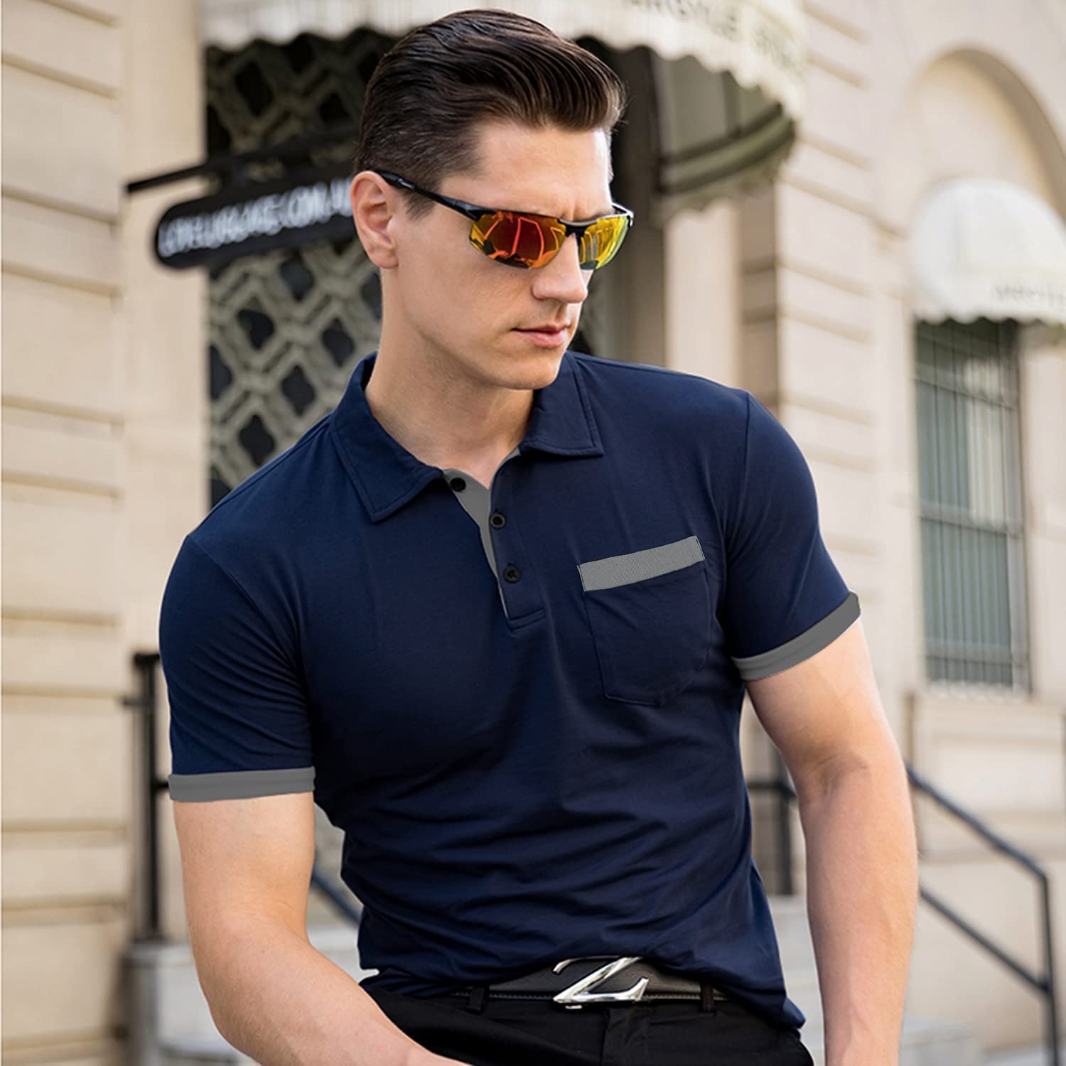 kuboyee Mens Casual Slim Fit Polo Shirts Short Sleeve Contrast Color Stitching Stripe Summer Cotton T-Shirts