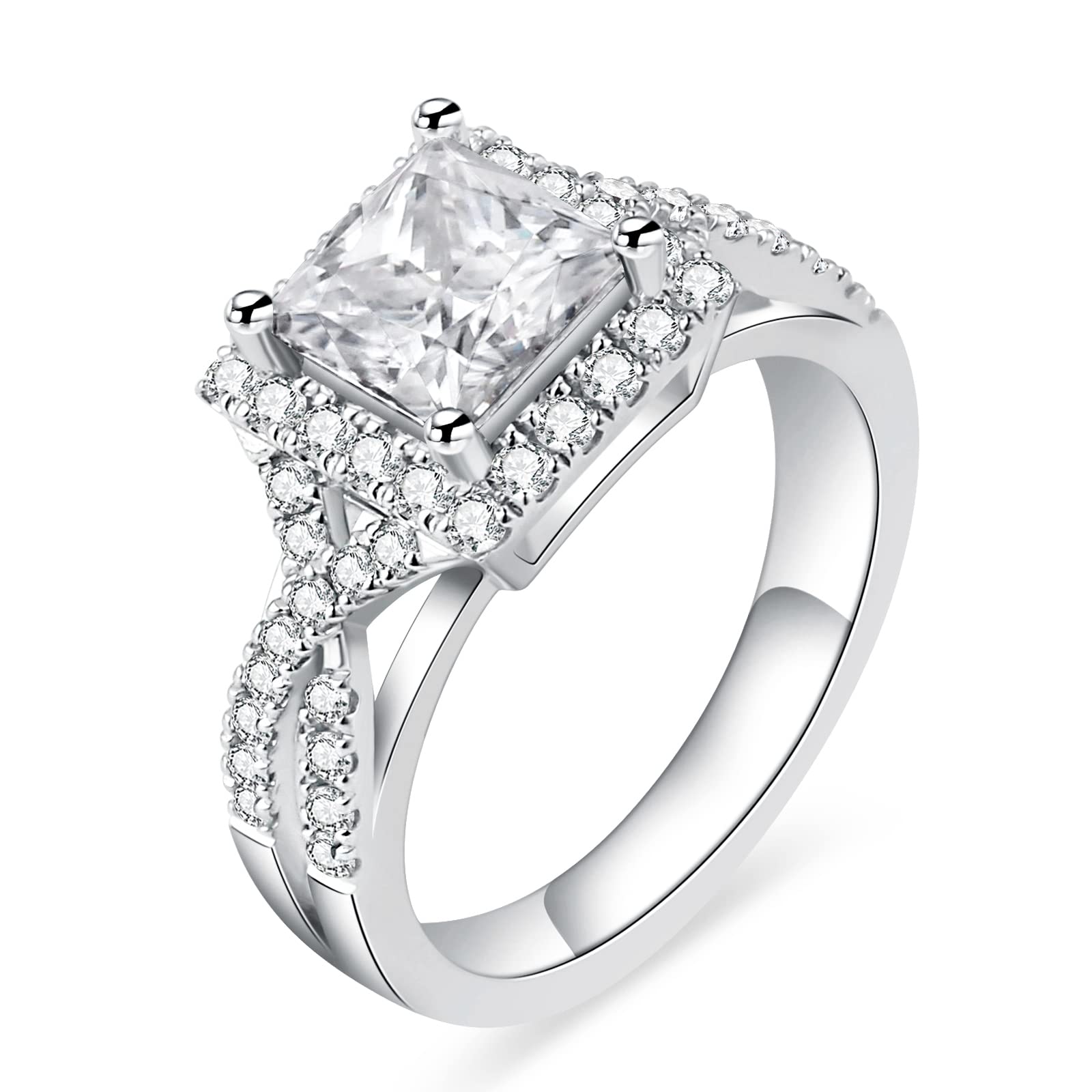 MOYKULN Moissanite 2CT Princess Cut Halo Split Shank Solitaire Rings,D VVS1 Lab Created Diamond Ring 18K White Gold Plated S925 Sterling Silver Band Halloween Thanksgiving Gemstone Jewelry Gifts(7)