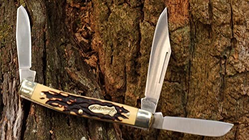 Uncle Henry 885UH Senior Rancher 6.9in Folding Pocket Knife with Stainless Steel Clip-Point Blade, Sheepsfoot Blade, Spey Point Blade, and Staglon Handle for Hunting, Camping, EDC
