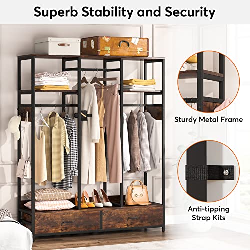 LITTLE TREE Clothes Rack with 2 Drawer and Shelves, Heavy Duty Wardrobe Closet Rack with 6 Hanging Hooks, Freestanding Closet System