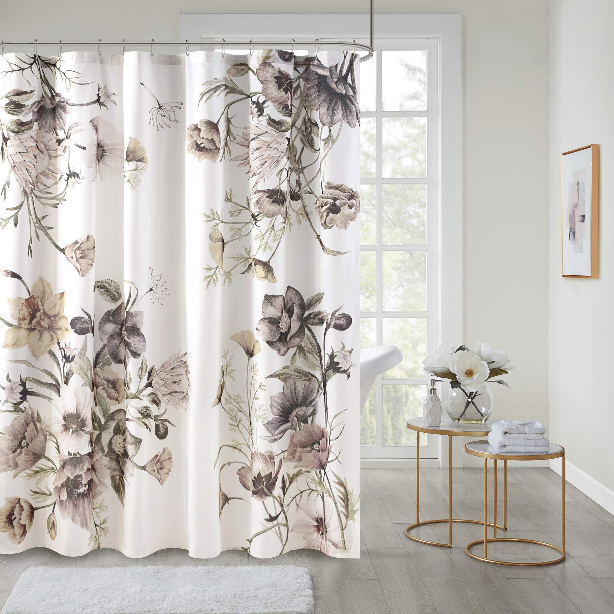 Madison Park Cassandra Cotton Percale Bathroom Shower, Printed Floral Design Modern Shabby Chic Privacy Bath Fabric Curtains, 72"x72", Blush (MP70-6717)