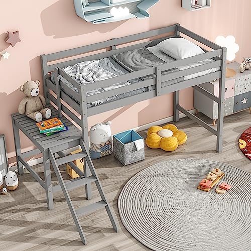 LETSHOME Twin Loft Bed with Platform, Wooden Low Height Loft Bed Frame with Ladder, Metal Loft Bed Frame for Kids Teens Adults, Twin Size for Bedrooms