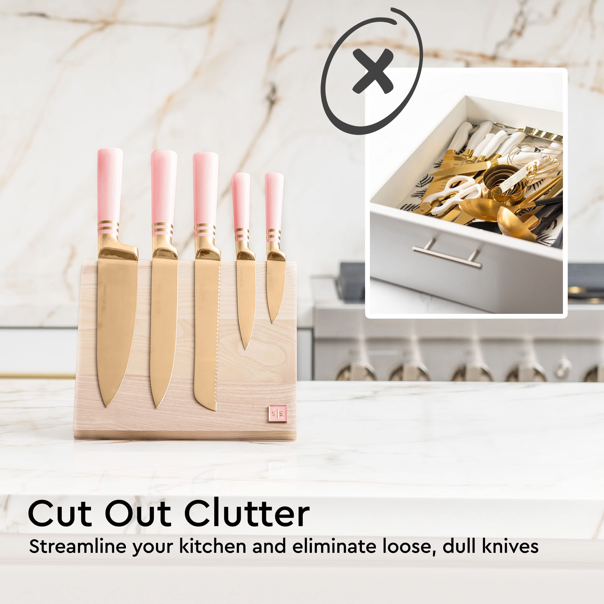 Pink Knife Set with Magnetic Knife Block - 6 PC Pink and Gold Knife Set with Block Includes Pink Kitchen Knife Set & Ashwood Magnetic Knife Holder - Pink Kitchen Accessories
