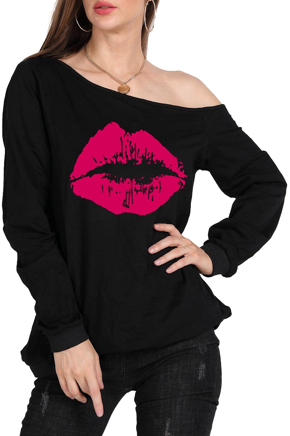 MAGICMK Woman’s Sweatershirt Lips Print Causal Blouse Off The Shoulder Long Sleeve Loose Slouchy Pullover Plus Size Tops…(XXXL)