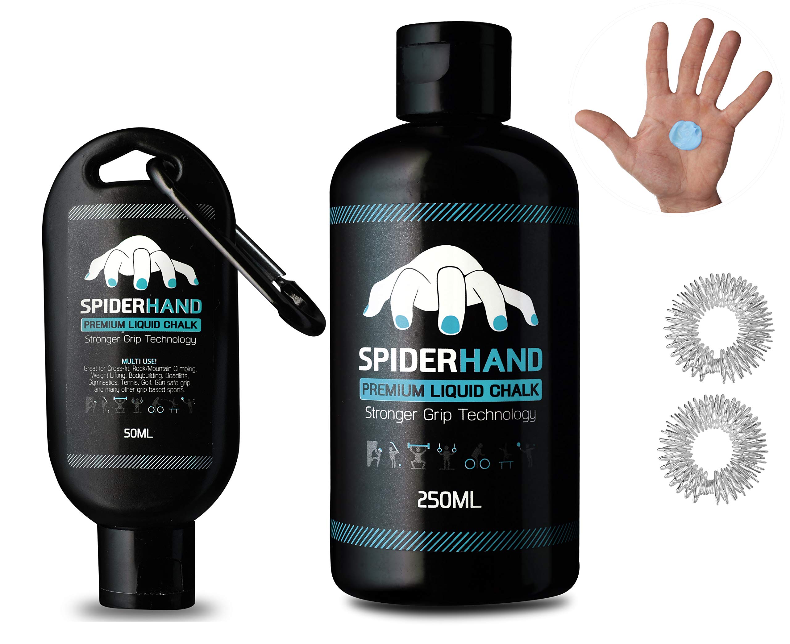 Liquid Chalk grip - Professional Hand Grip, Combo Kit 8.3 oz + 1.7 oz Travel Clip & rings massage, liquid chalk for weight lifting,For Gymnastics, Rock Climbing, ninja warrior, golf, Training & more.